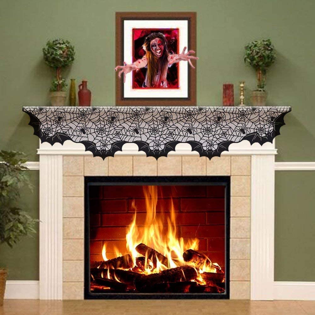 FunisFun Halloween Fall Thanksgiving Lace Fireplace Mantle Scarf Cover, Cloth Runner Door Window Curtain Kitchen Decorations Gothic Festival Party Decor (Bat, Bat, 20*80")