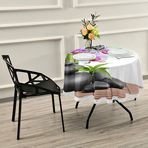 Pfrewn Spa Zen Garden Round Tablecloth Basalt Stones Orchid Table Cloth Cover Mat Lace Washable Polyester 60" Dining Decorative for Holiday Home Party Wedding Picnic