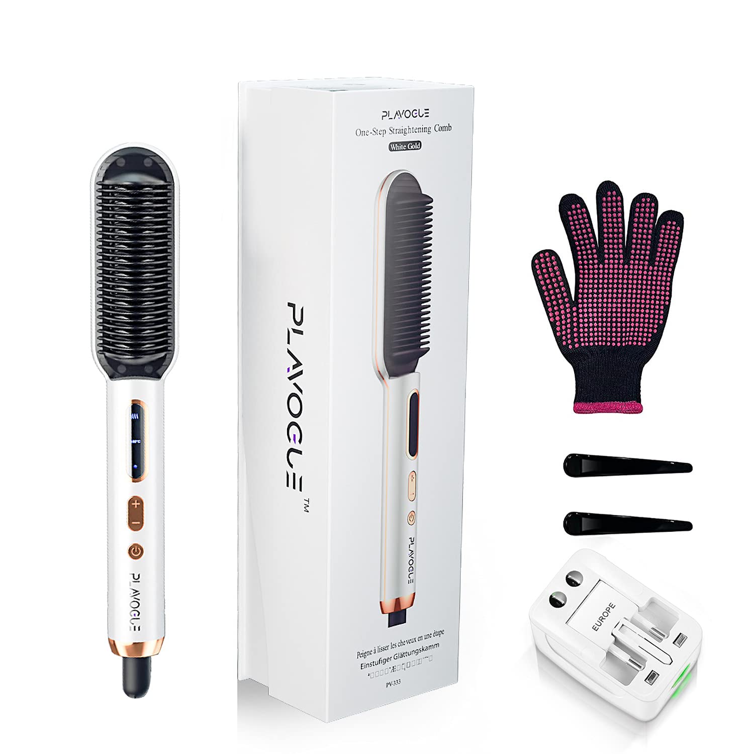Enhanced Hair Straightener Brush,Dual Voltage Hot Comb Hair Straightener with Anti-Scald Feature, Auto Temperature Lock & Auto-Off Function