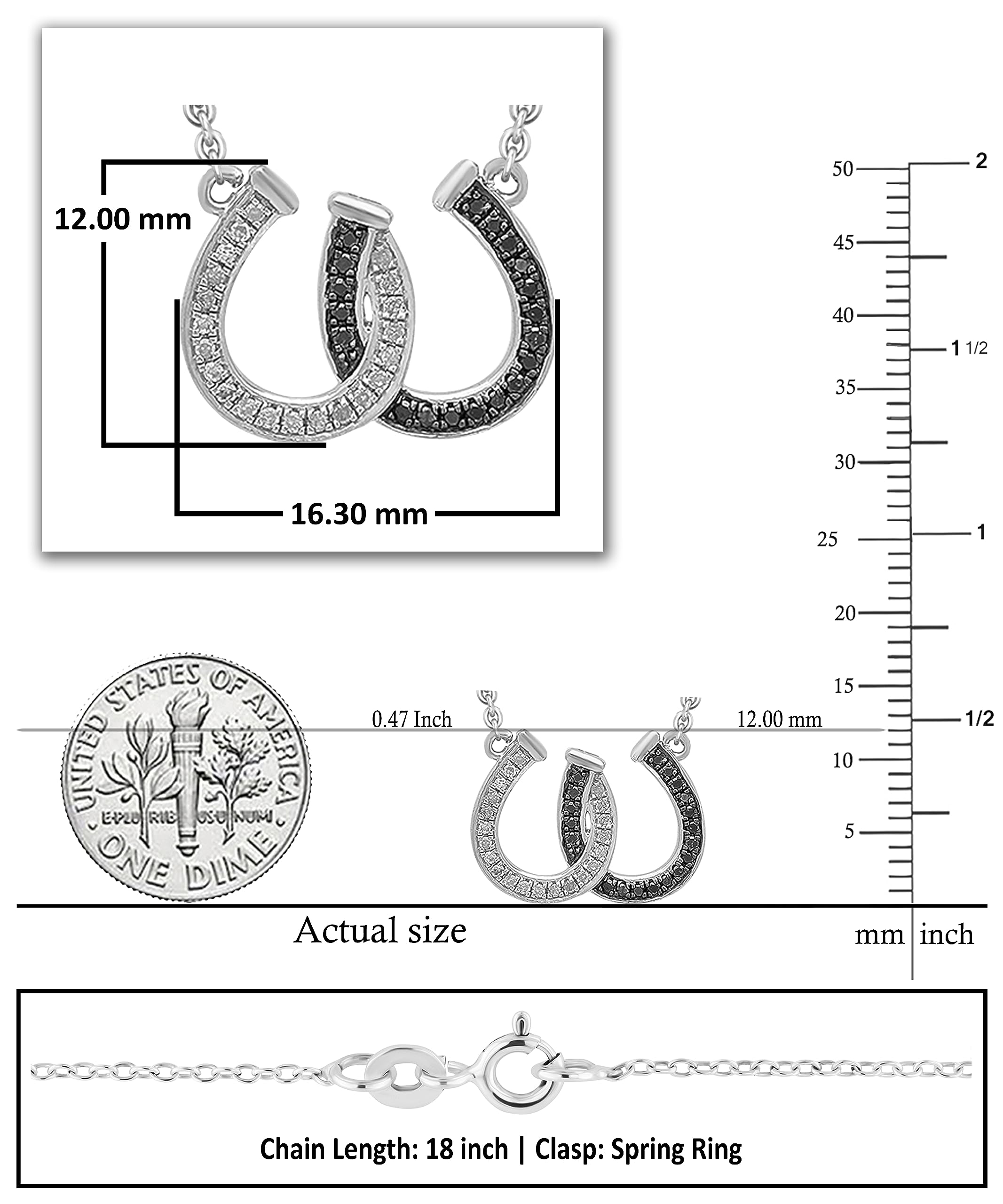 Dazzlingrock Collection 0.12 Carat (Ctw) Round Black & White Diamond Double Horseshoe Pendant with 18 inch Silver Chain for Women in in 925 Sterling Silver