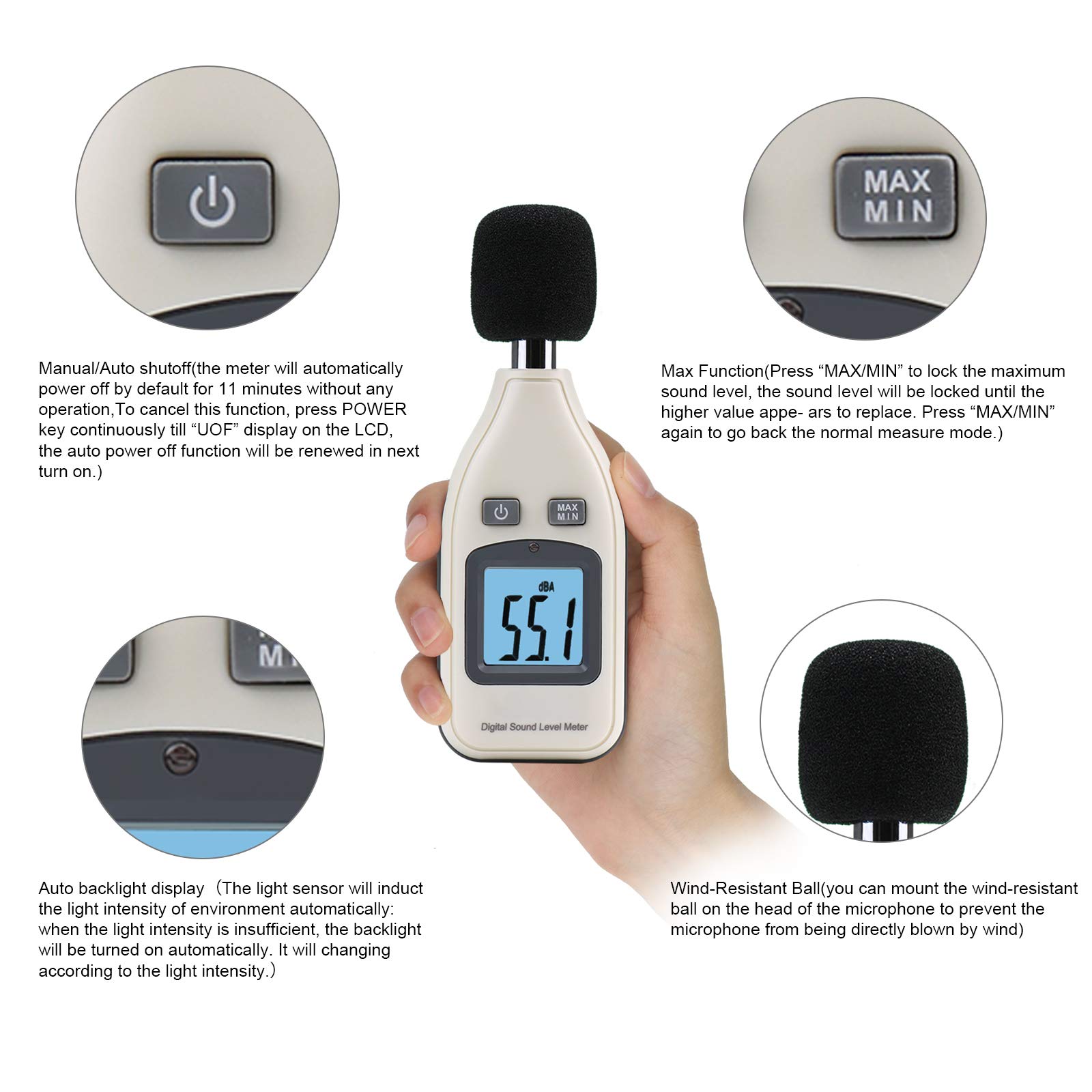 Decibel Meter Sound Meter 30-130 dB Noise Meter Max/Min/Data Hold Sound Level Reader LCD Display Auto Backlight Digital Sound Level Meter Flashlight Audio Noise Volume Measuring Monitoring Instrument