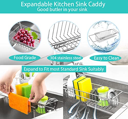 Kitchen Sink Caddy Sponge Holder, Kitchen Sink Caddy Expandable with Dish Cloth Hanger, Stainless Steel Kitchen Sink Organizer Drying Rack Basket, No Drilling