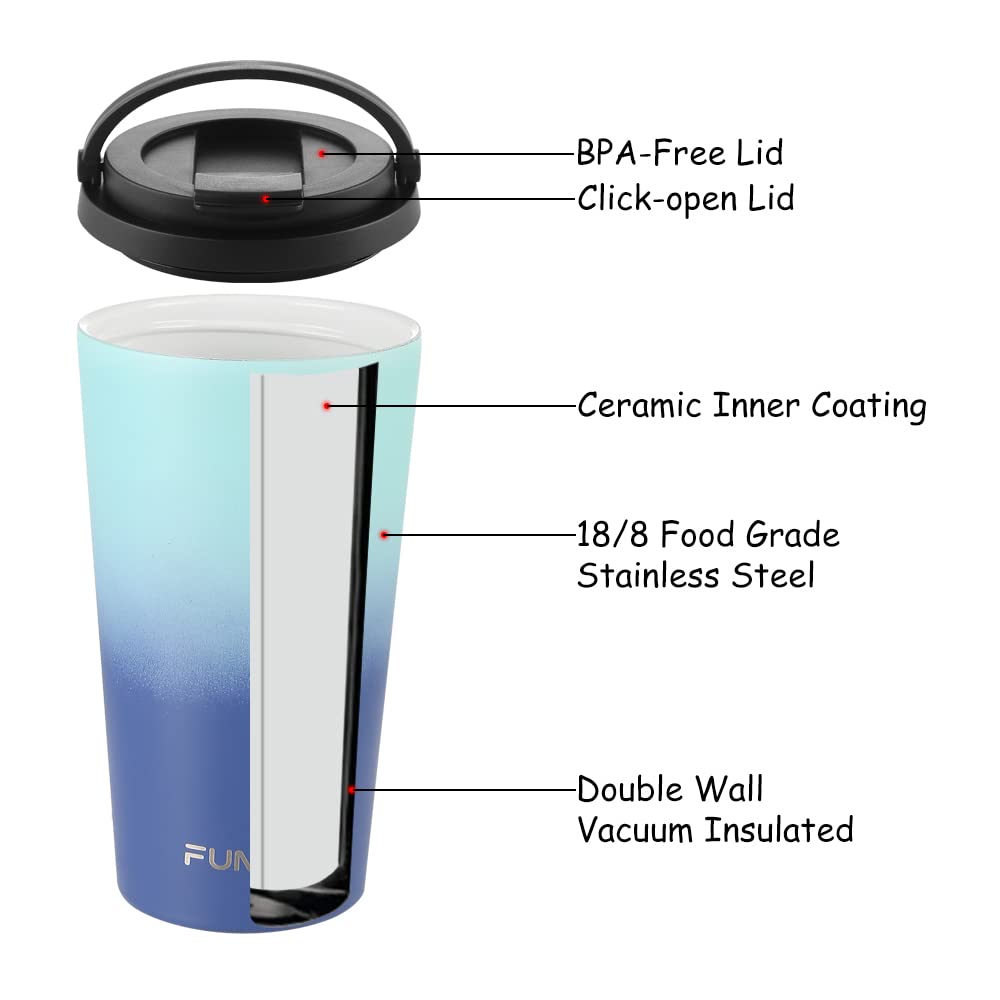 Funkrin Insulated Coffee Mug with Ceramic Coating, 22oz Iced Coffee Tumbler Cup with Flip Lid and Handle, Double Wall Vacuum Leak-Proof Thermos Mug for Travel Office School Party Camping