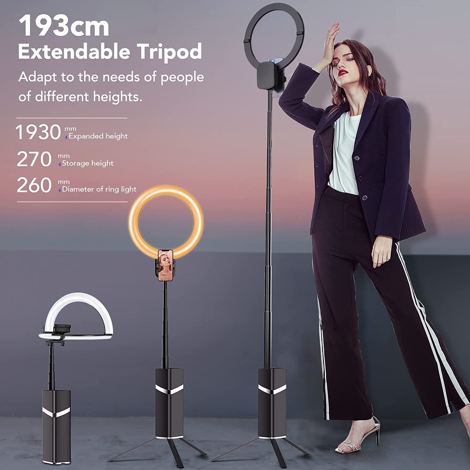 Eocean 10'' Ring Light with Rechargeable All-in-One Foldable Makeup Light, Portable Selfie Ring Light with 76'' Extendable Tripod Stand for Live Streaming, Makeup, TikTok, YouTube, Video, Black