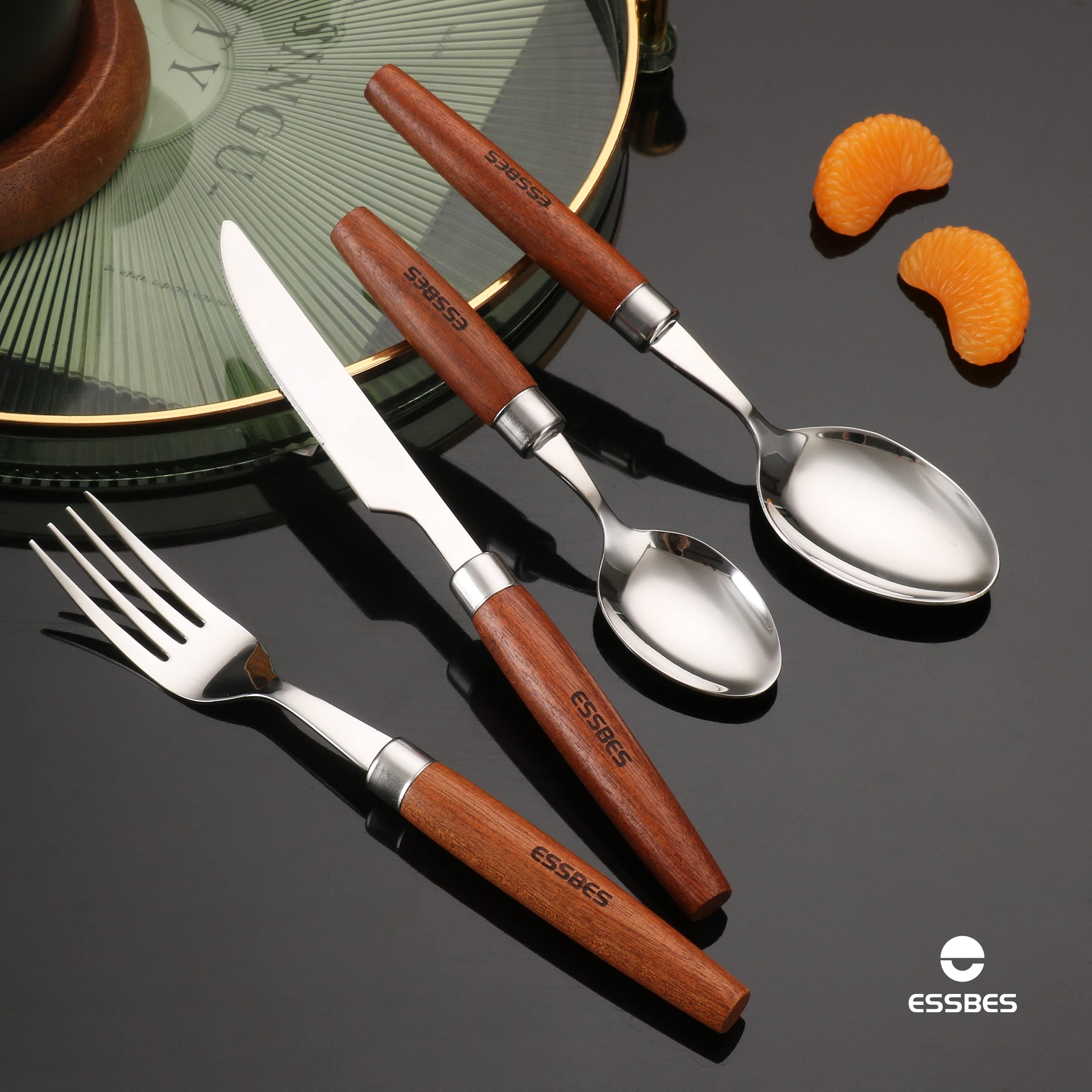 ESSBES 5-Pcs Wooden Handle Silverware Set - Stainless Steel Flatware Set with Fork, Spoon, Knife, Dessert Spoon, Chopsticks and Delicate Gift Box, Portable Cutlery Set For Home Kitchen Hotel & Gift
