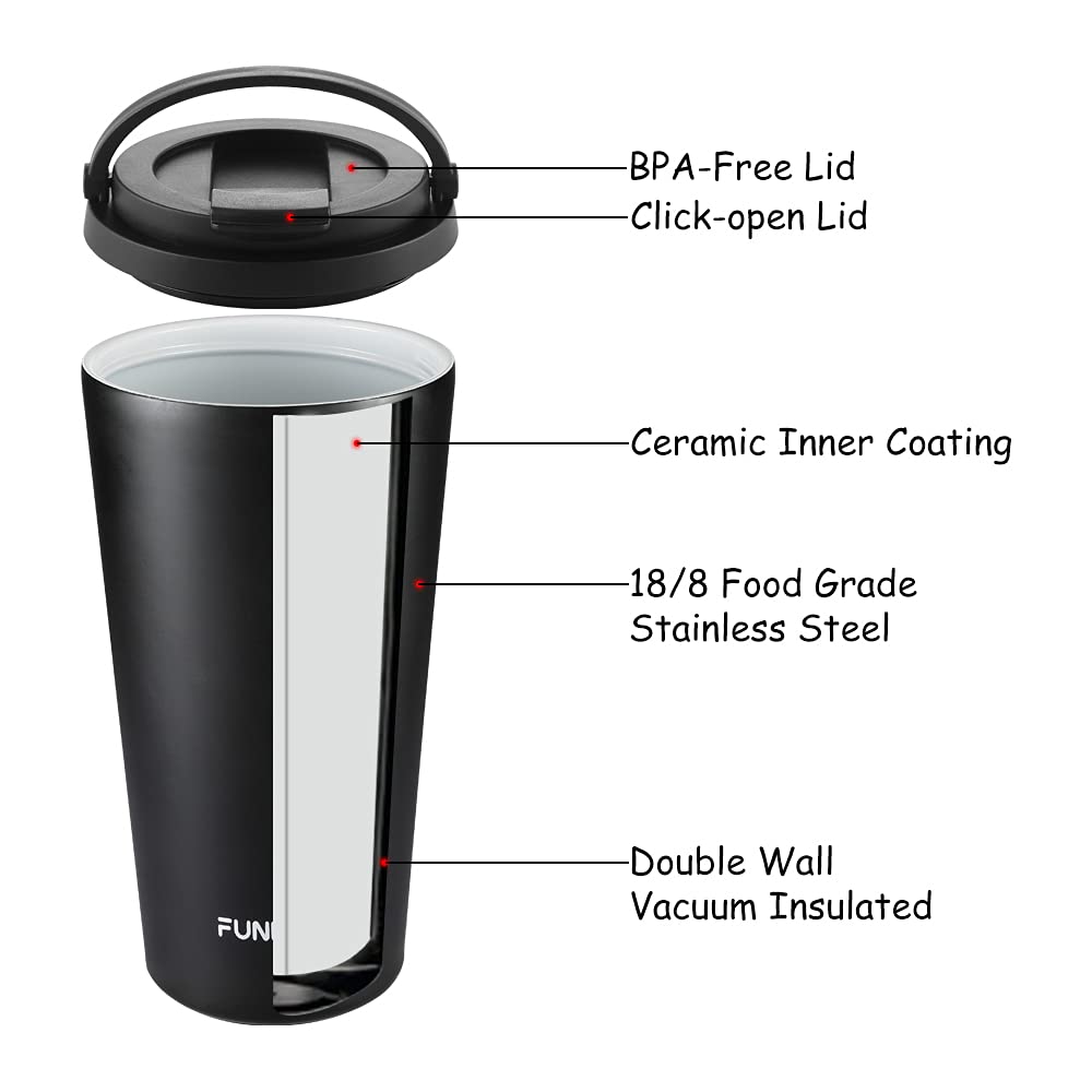 Funkrin Insulated Water Bottle with Lid and Straw, 18oz Ceramic Lined Coating Travel Coffee Mug, Leak Proof Double Walled Thermos for Hot & Cold Beveragesā¦