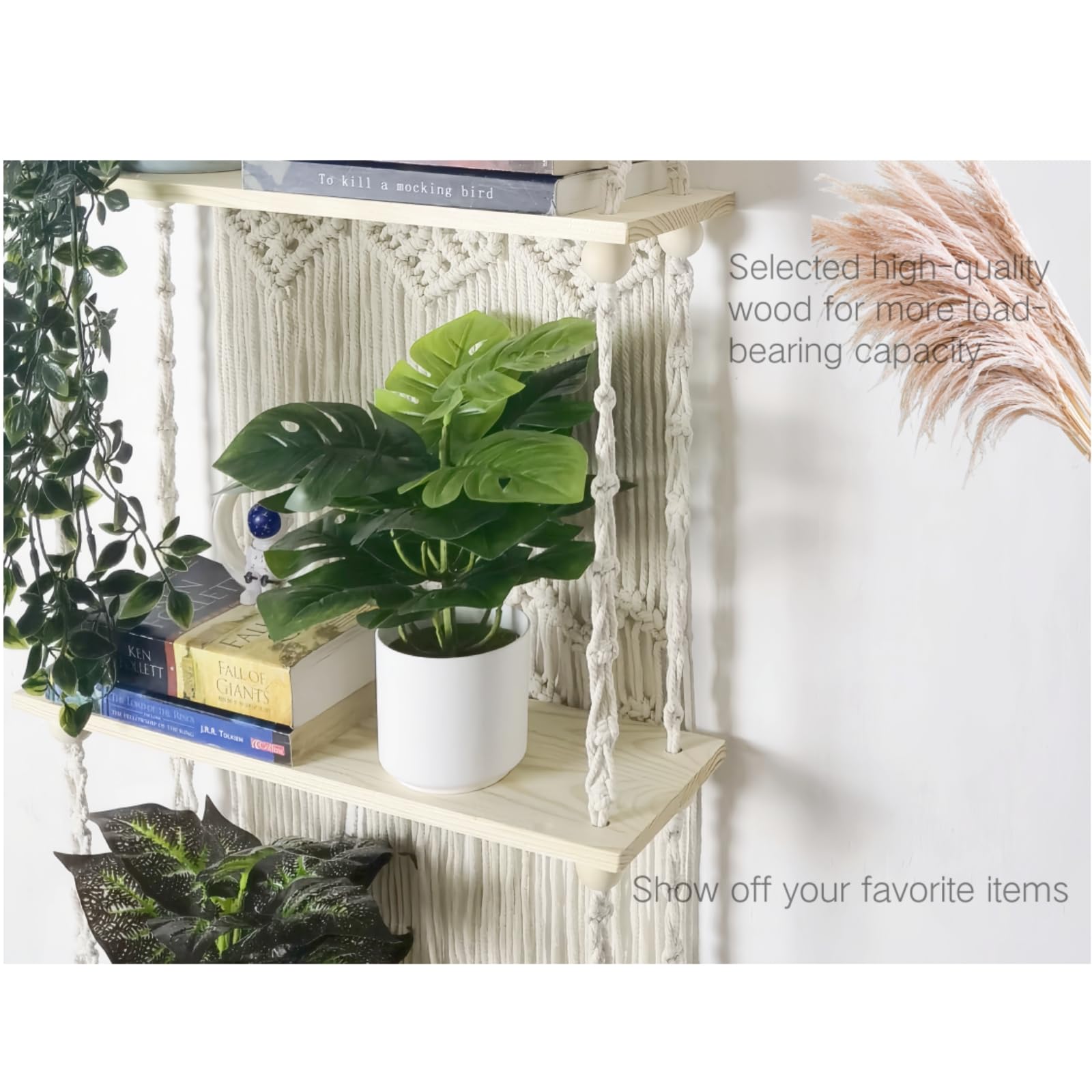 MELLAQUEST Macrame Wall Hanging Shelf - 2 Tier Boho Shelves with Woven Rope Handmade Floating Plant Shelf, Bohemian Home Decor,Shelf Organizer for Kitchen, Living Room,Bedroom,Bathroom(17.7" x 42.5")
