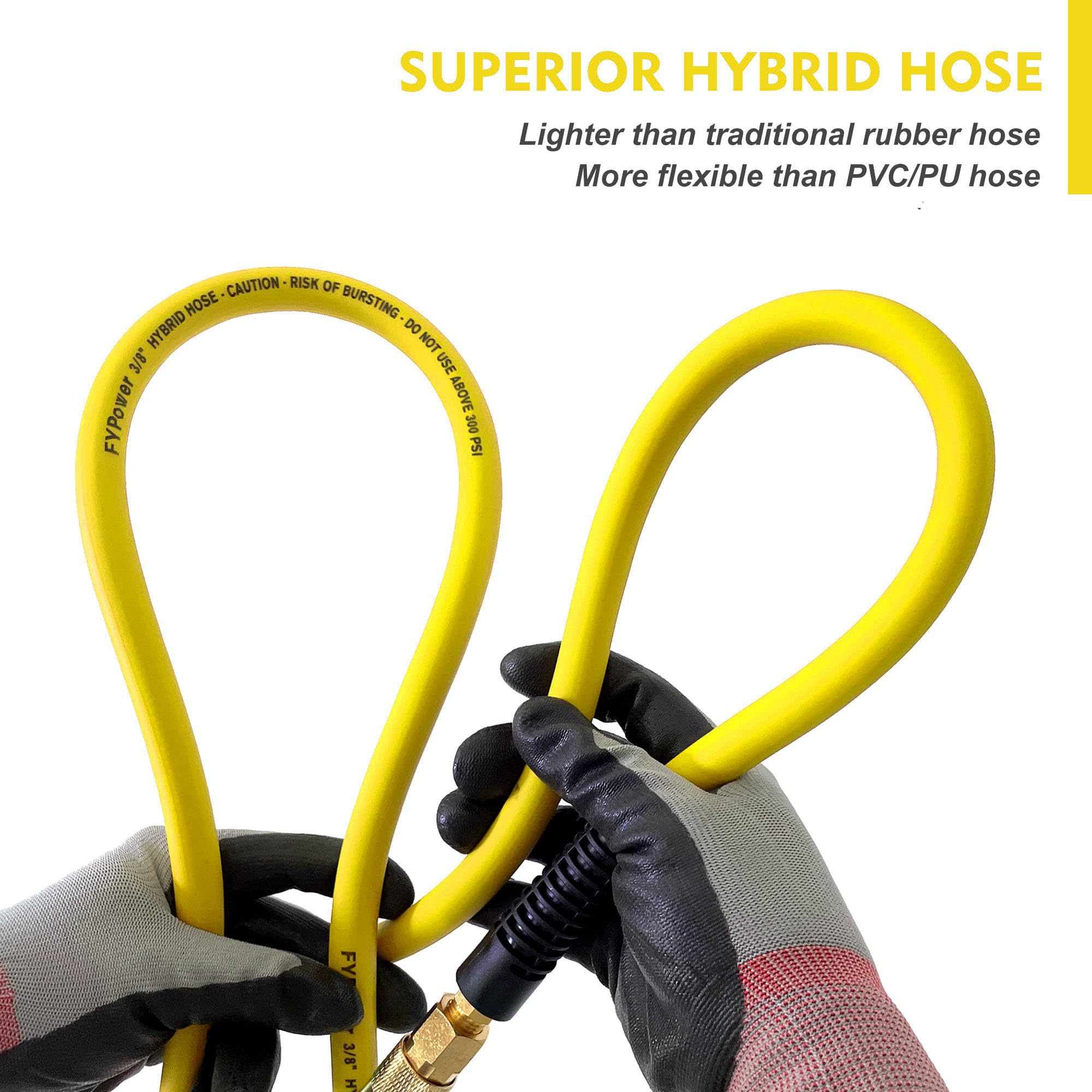 FYPower Air Compressor Whip Hose 3/8 Inch x 6 Feet Lead in Hybrid Hose with Fittings, Flexible and Kink Resistant, 1/4" Industrial Quick Coupler and Plug Kit - Yellow