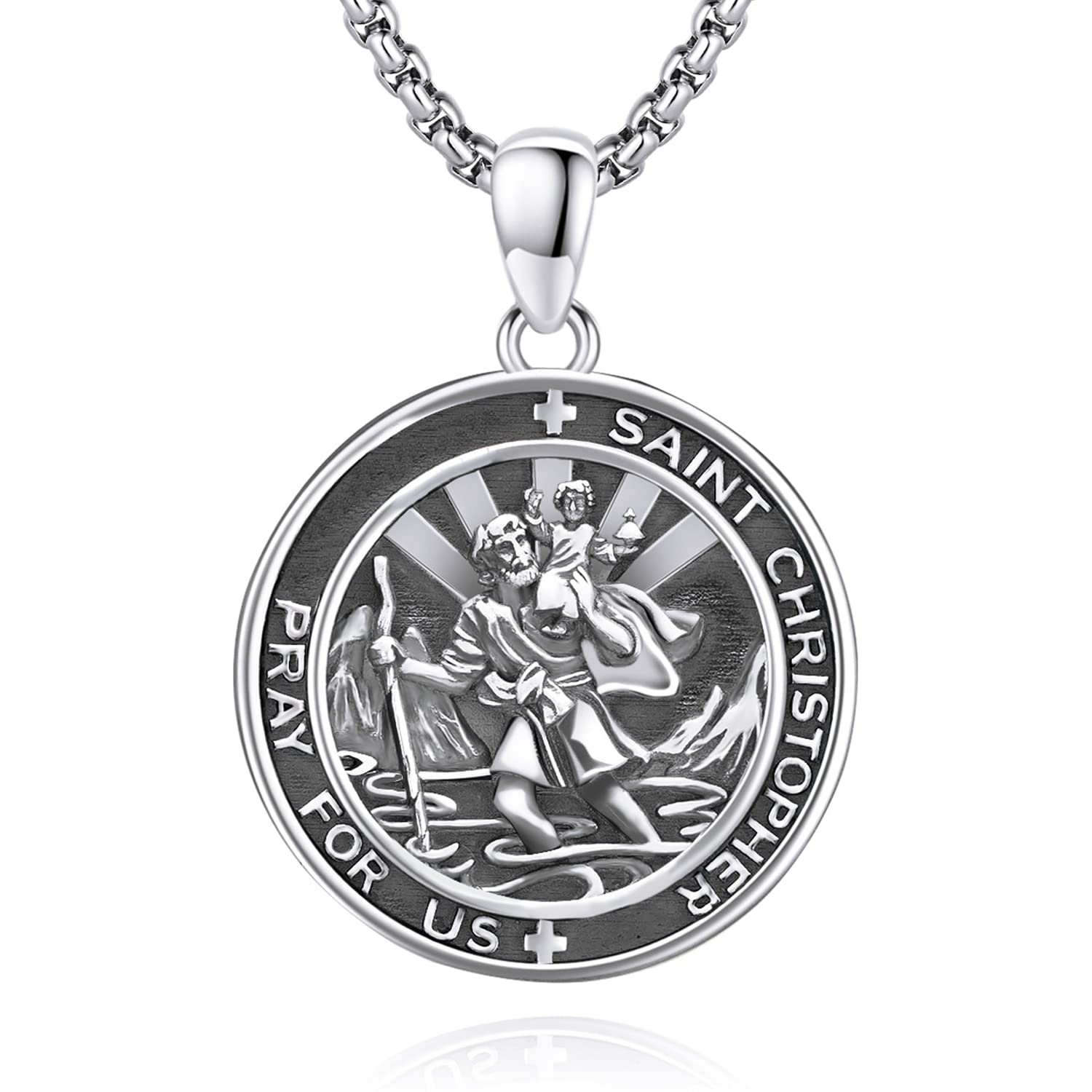 DOTBJ St Christopher Round Medal Necklace, 925 Sterling Silver Saint Christopher Pendant with Stainless Steel Chain 22"+2"