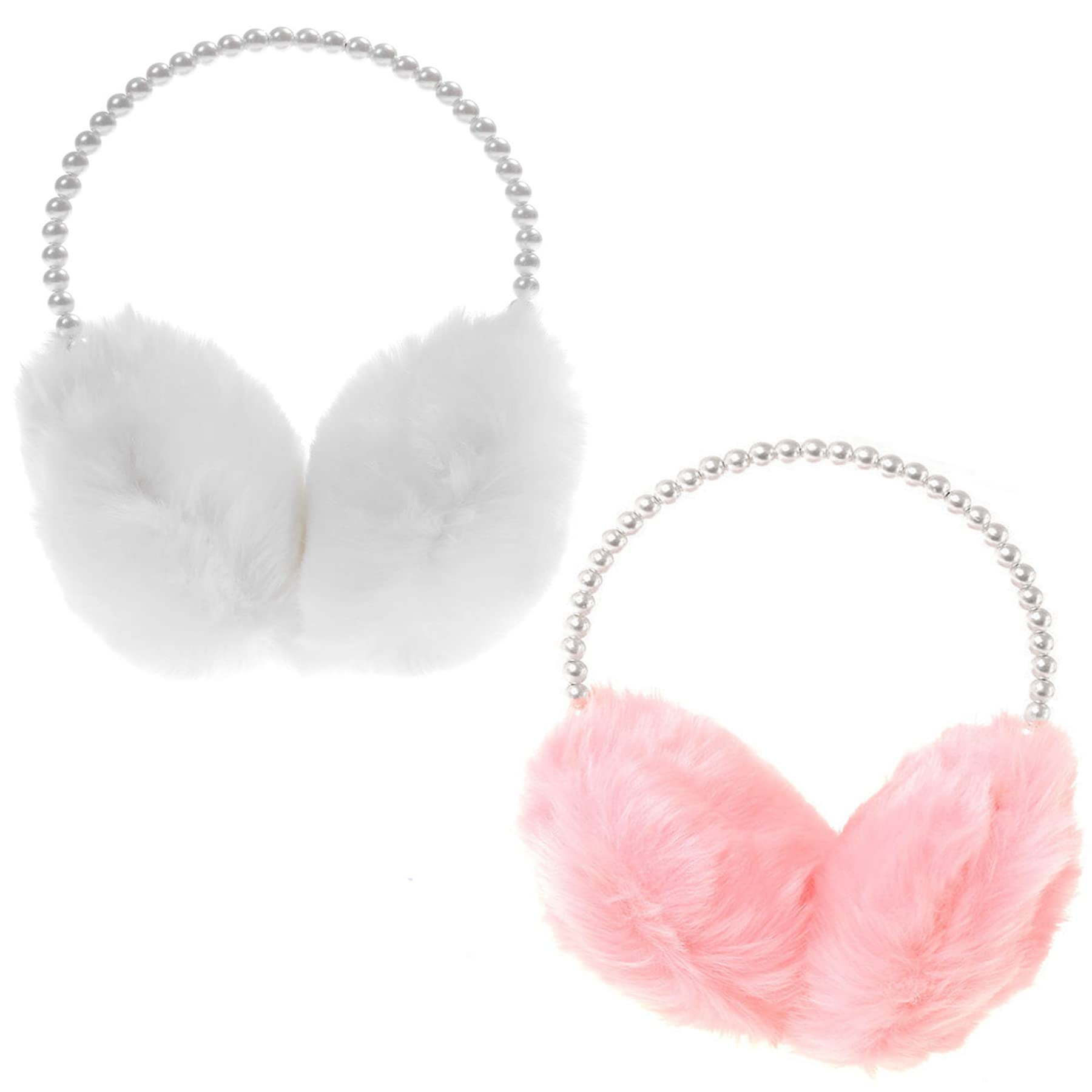 EOPER 2 Pieces Pearl Winter Earmuffs, Soft Plush Ear Warmers, Cold Weather Warm Hair Accessories (White+Pink)