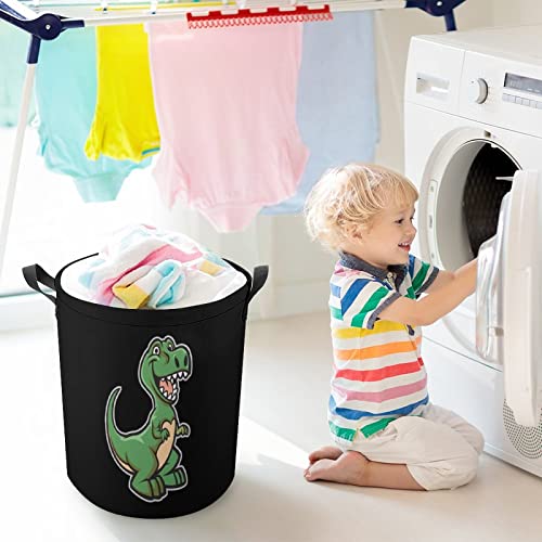 Happy Dinosaur Cartoon Laundry Basket Round Collapsible Storage Bin with Drawstring and Handle for Bedroom Bathroom Toys Room 17.3" X 13.8"
