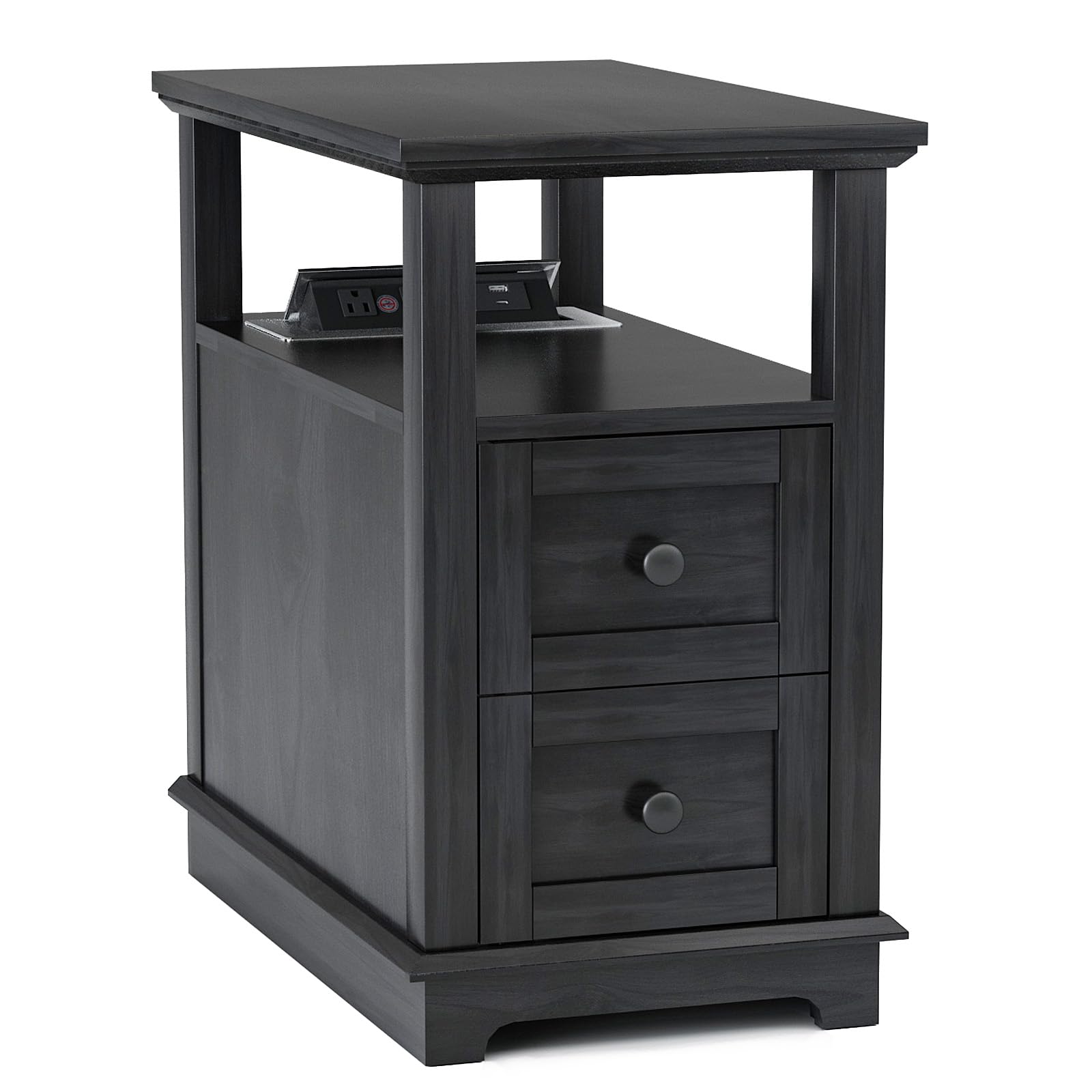 HIFYOBRO Narrow End Table with Flip Top Charging Station and 2 Drawers, Type-C & USB Port & Power outlets, Wooden Storage Cabinet, Side Table with Storage for Living Room and Bedroom