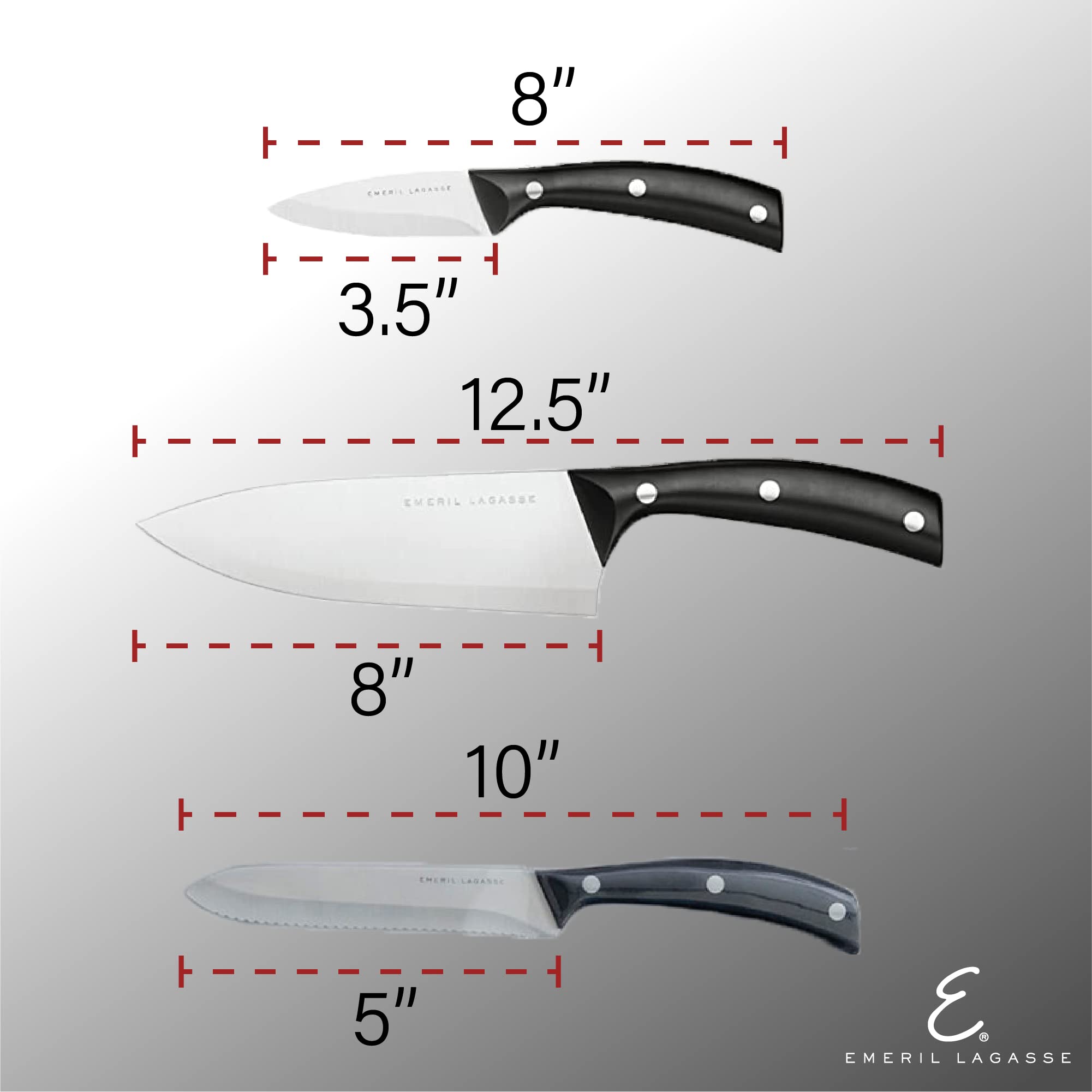 Emeril Lagasse 3-Piece Stamped Kitchen Knife Set - 8β Chef Knife, 5β Serrated Utility Knife, & 3.5β Paring Knife - Effortlessly Slice Fruits & Meats
