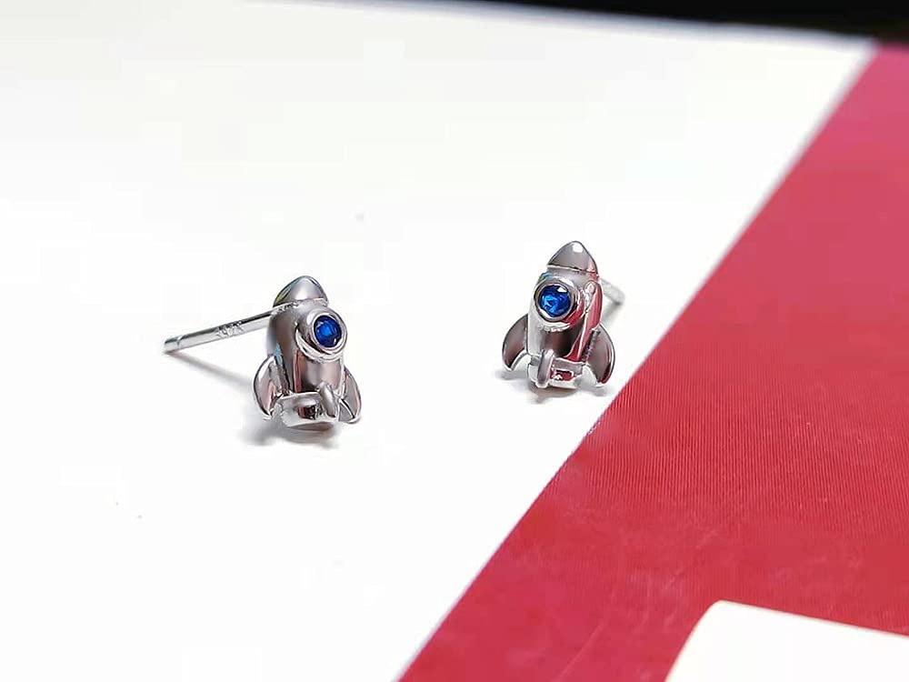 Cute Rocket Stud Earrings for Women Teen Girls 925 Sterling Silver Blue Cubic Zirconia Tiny Small Spaceship Earring Cartilage Tragus Post Pin Studs Hypoallergenic Earring Unique Birthday Gift for Daughter Niece