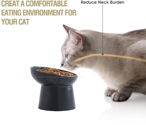KITCHENLESTAR Small Ceramic Raised Cat Bowls, Tilted Elevated Food or Water Bowls, Stress Free, Backflow Prevention, Dishwasher and Microwave Safe, Lead & Cadmium Free(Black)
