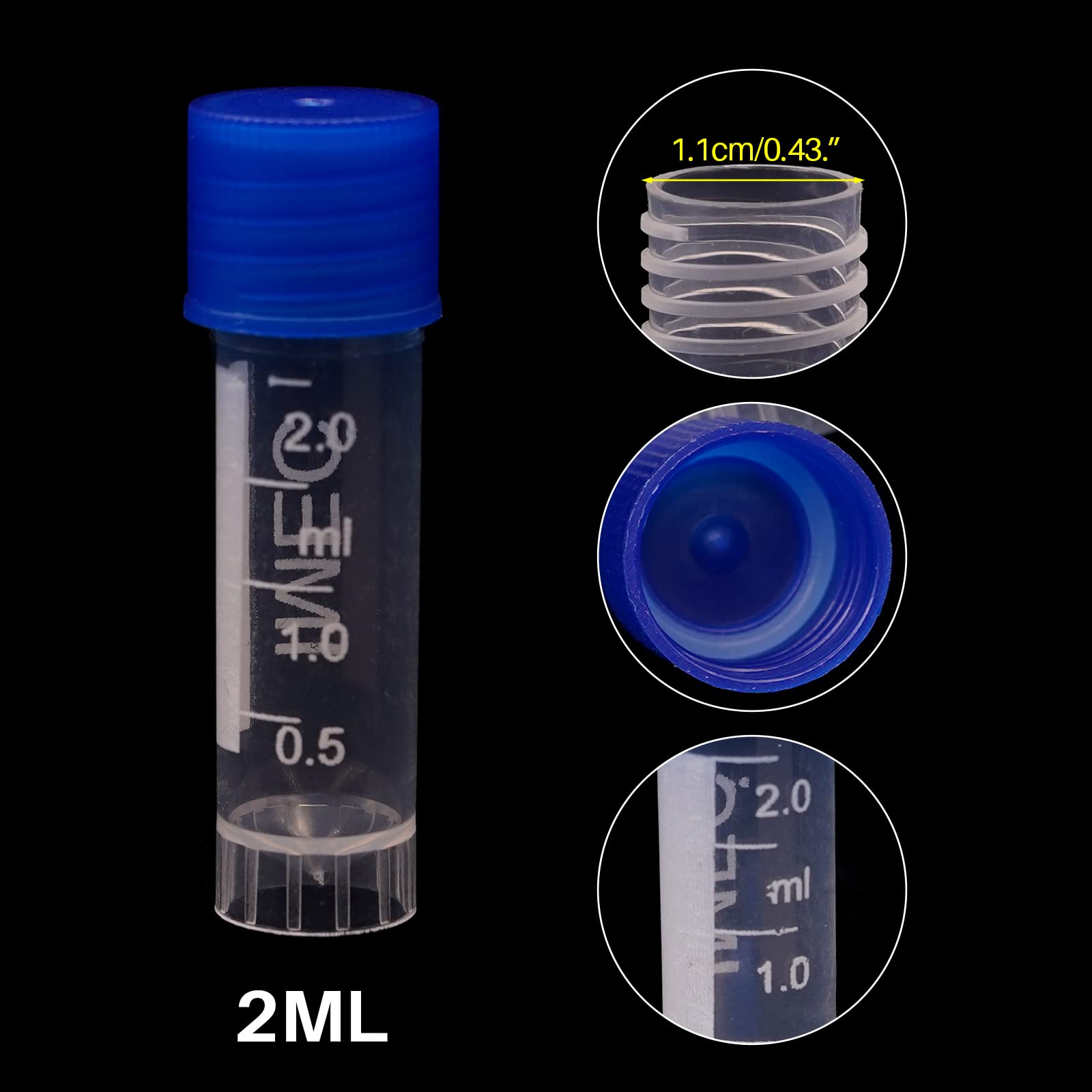 HHNIULI 2ml Graduated Plastic Vial Tube with Cap, 200 PCS Sample containers Plastic Vials Screw Cap Storage Tubes Plastic Test Tubes with Blue Screw Caps
