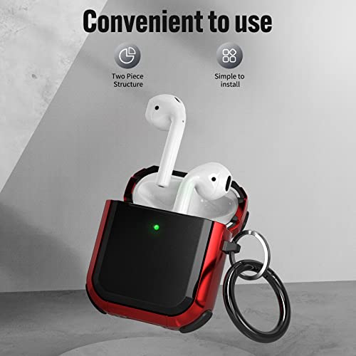 Jiunai for AirPods Case AirPods 2 Case with Keychain Protective Shockproof Full Body Armor Thick Wireless Charge Supported Cool Case with Carabiner for AirPods 1st & 2nd Gen LED Visible Black Red