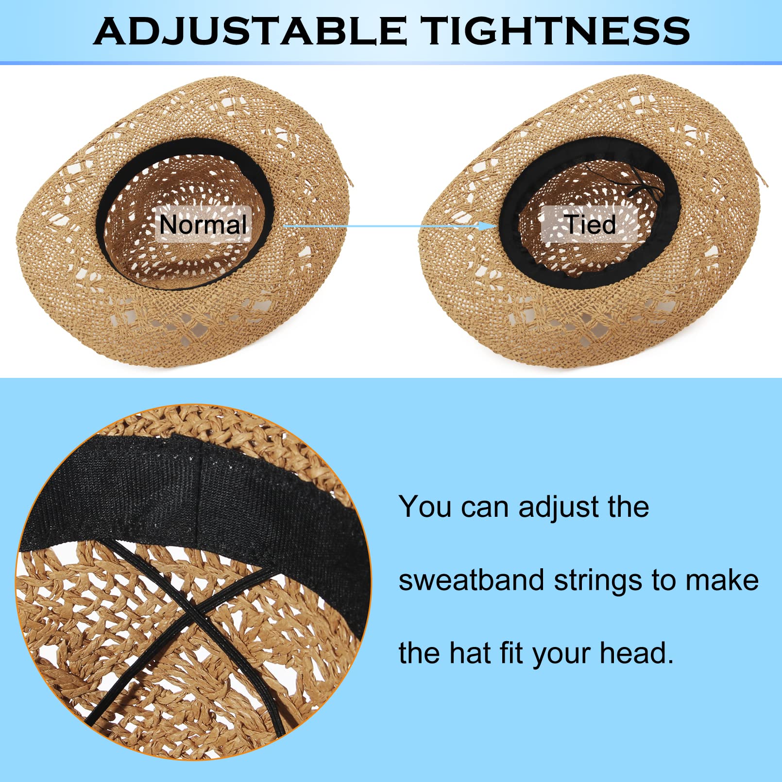 EOZY Men & Women's Summer Cowboy Cowgirl Straw Hat Hollow Out Woven Roll Up Wide Brim Hat/Camel