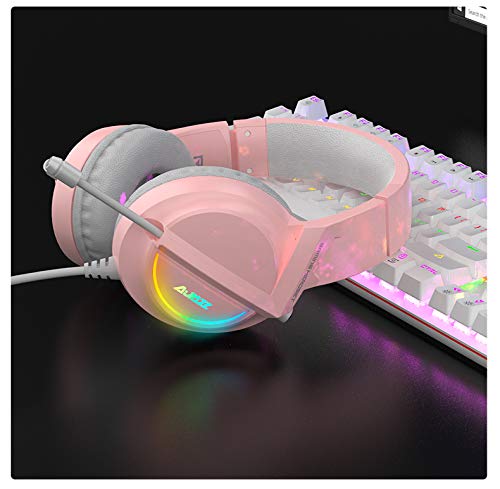 FIRSTBLOOD ONLY GAME. AX365 Gaming Headset, 7.1 Stereo Surround Sound, Independent Wire Control, Retractable Noise Canceling Mic, Over Ear Headphone, LED Light Soft Memory Earmuffs, Pink