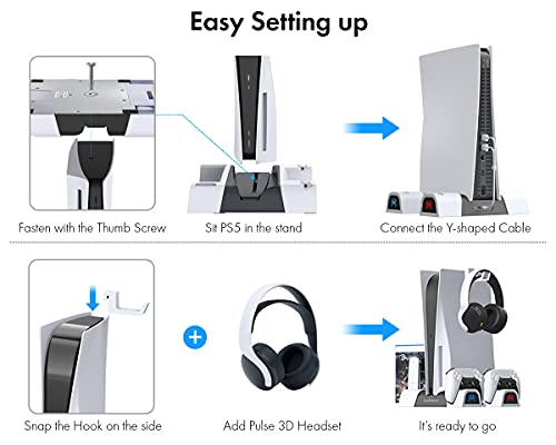 ElecGear PS5 Cooling and Charging Stand, DualSense Controller Charger Dock with Cooling Fan, Vertical Storage Bracket for Games Blu-ray and Media Remote, Wireless Gaming Headset Hook Holder
