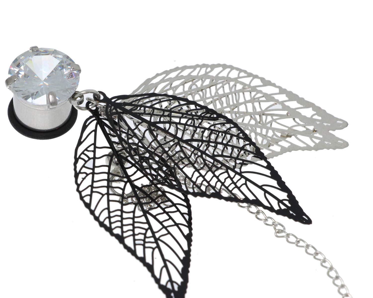 Cubic Zirconia Stainless Steel Dangle Silver Black Leaves Ear Tunnels Gauge Piercing Plugs Stretcher with O-ring 4g 5mm