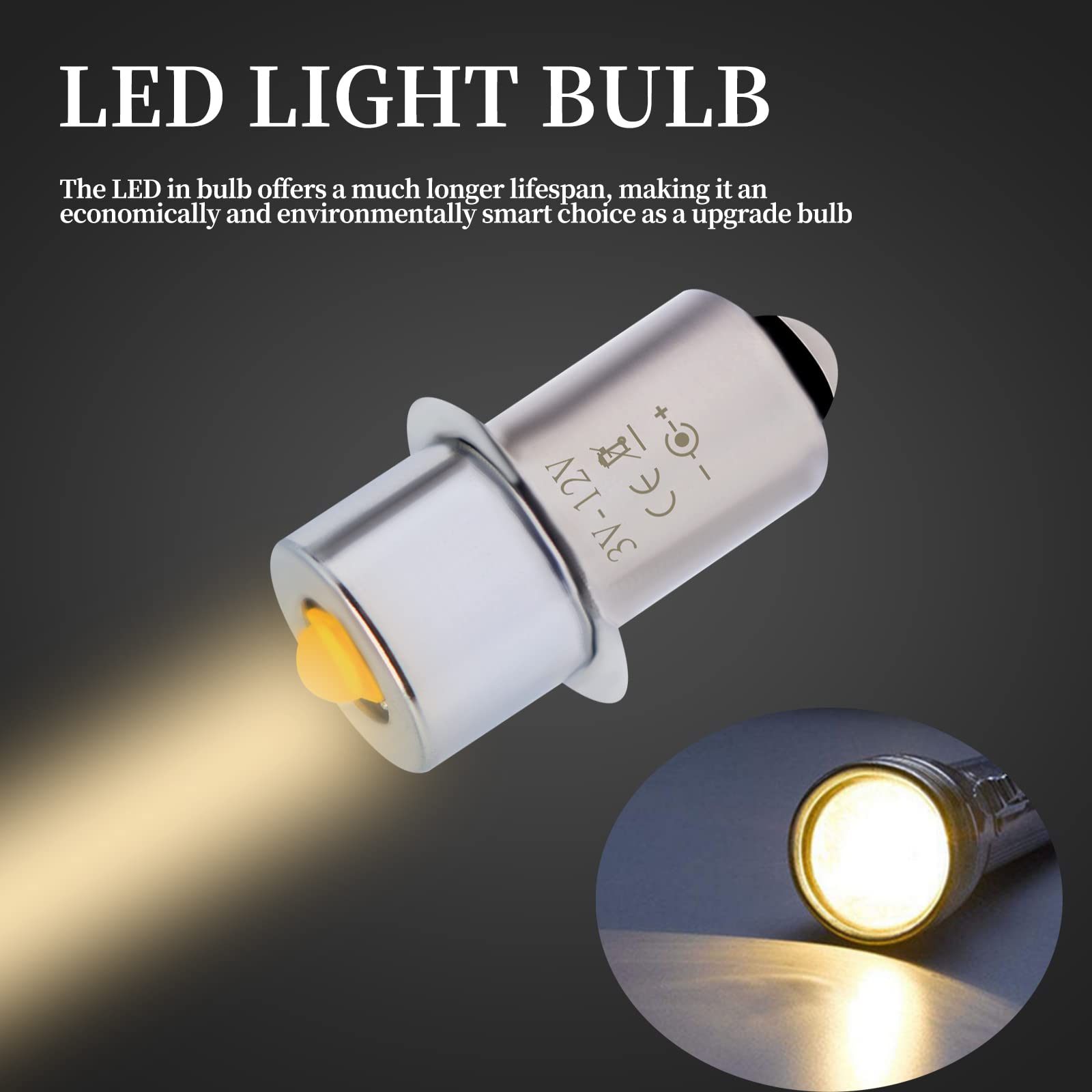 Double liang Upgrade AC/DC LED Flashlight Bulb 18V P13.5S 3W 6-30V (6V 9V 12V 19.2V 24V) LED Replacement Bulb for Torch Tooling Lantern Bulbs Replacement,Non-Polarity (6-24V, White)