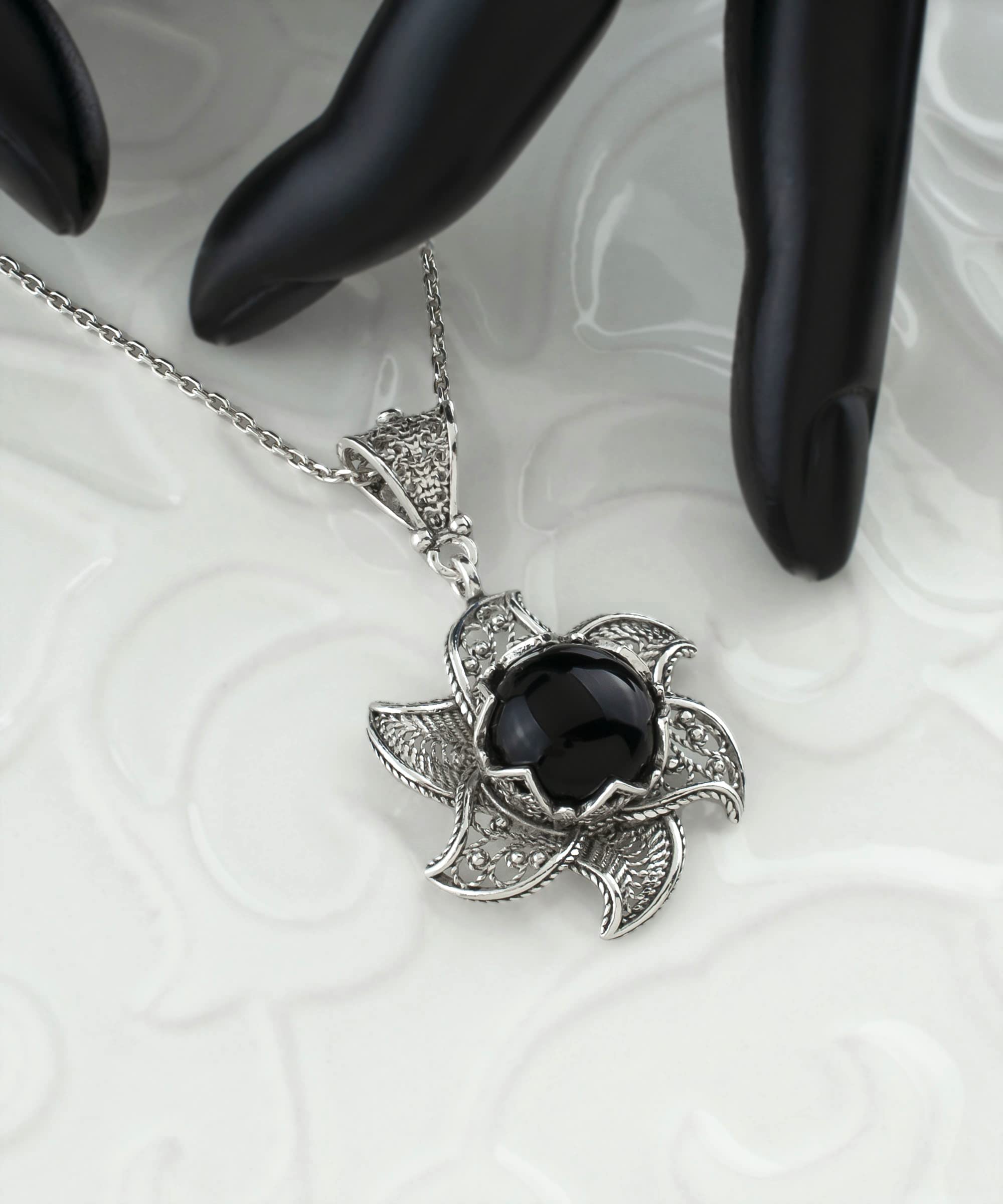 Filigranist 925 Sterling Silver Filigree Art 3D Lotus Flower Women Pendant Necklace with Gemstones (Black Onyx)