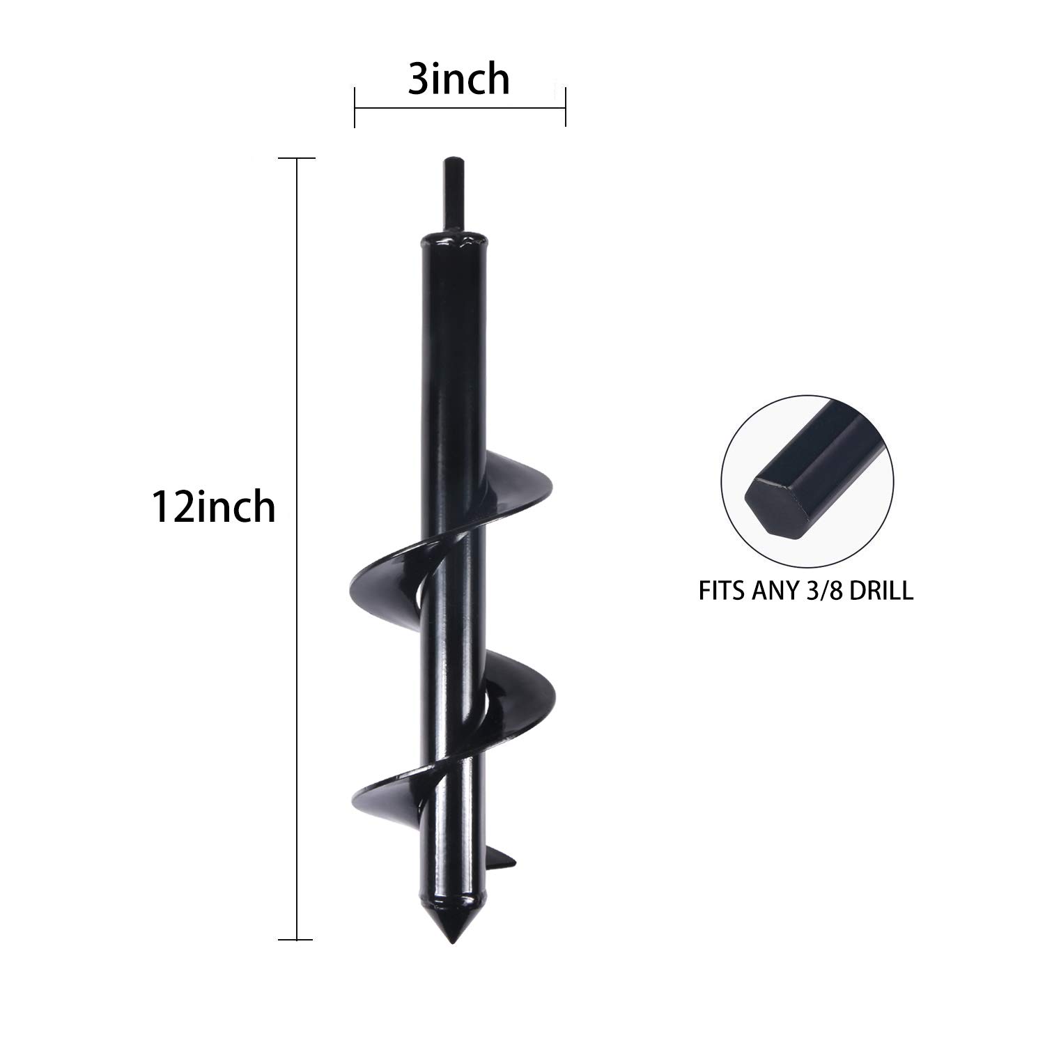 Harapu Auger Drill Bit, Non-Slip -3" x 12" Garden Plant Flower Bulb HEX Shaft Auger Earth Auger Bit, Post or Umbrella Hole Digger for 3/8" Hex Drive Drill Black