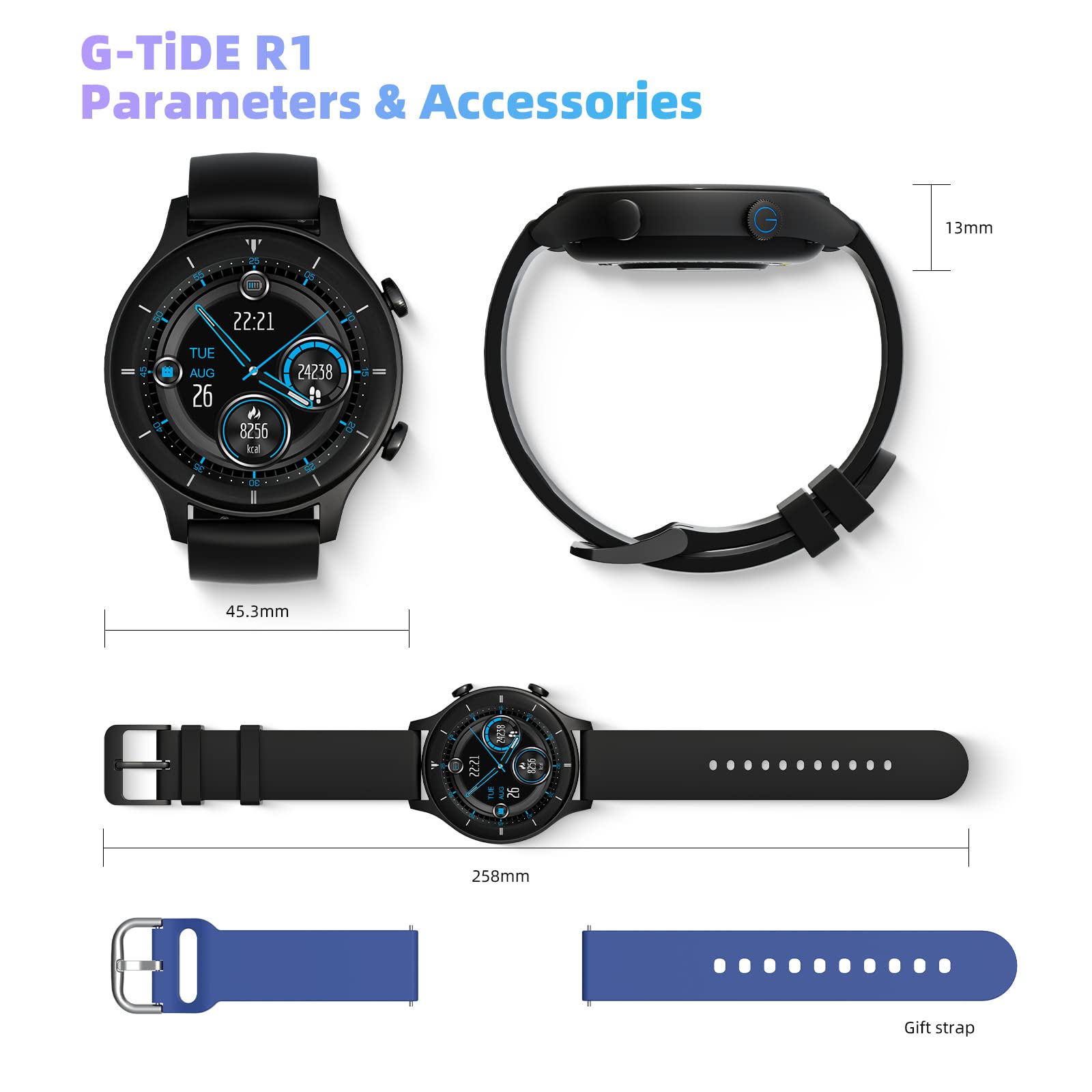 G-TiDE Smart Watch, Answer/Make Call, 300mAh Big Battery Smartwatch, VC52 Heart Rate Blood Oxygen Temperature Fitness Tracker, Bluetooth5.2 Smart Watch for Android/iOS, IP68 Waterproof, Black