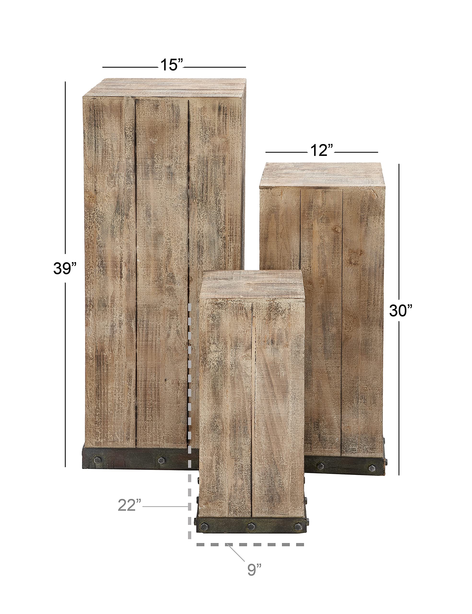 Deco 79 Rustic Wood Square Pedestal Table, Set of 3 39", 30", 22"H, Brown