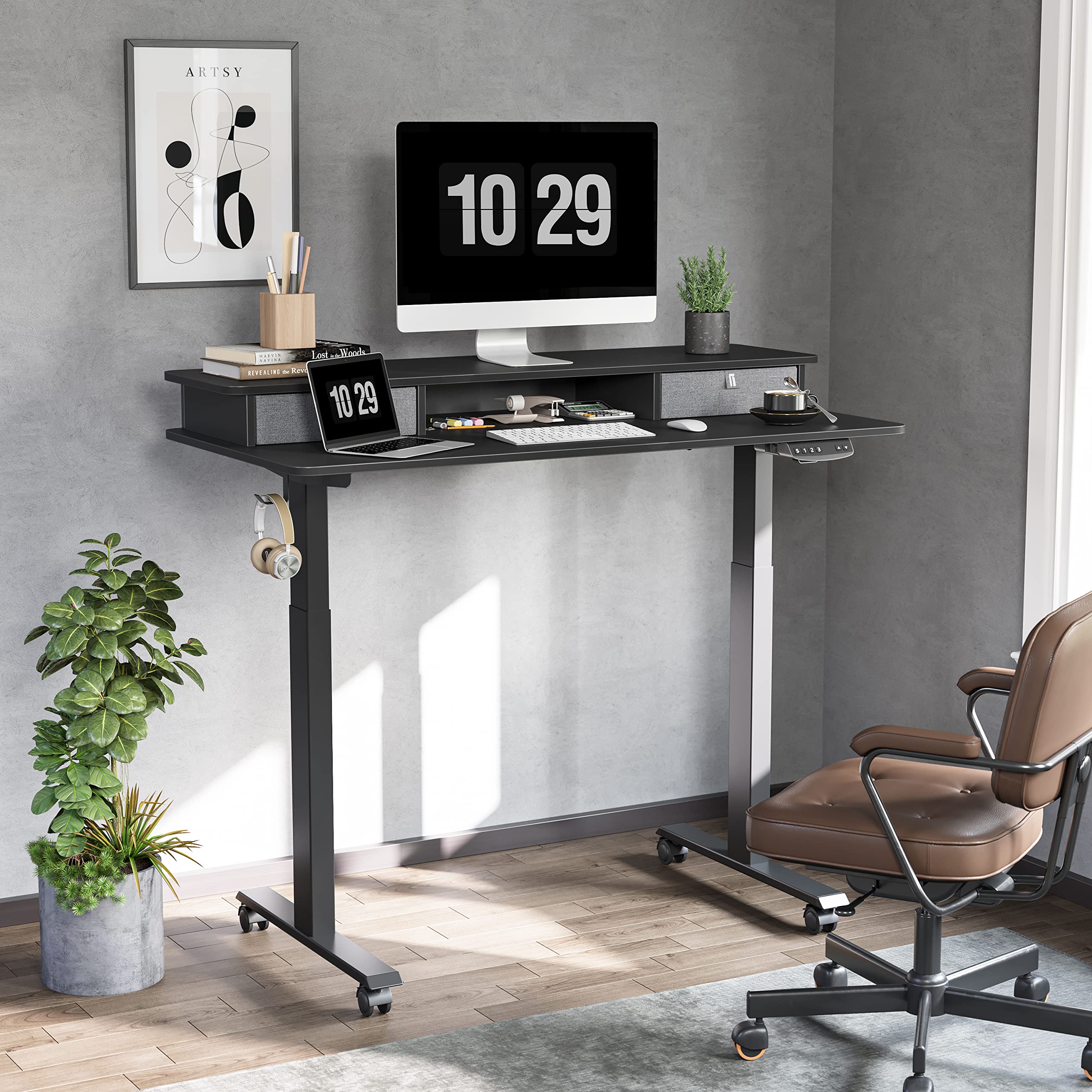CubiCubi Electric Standing Desk with Double Drawers, 48x24 Inch Height Adjustable Sit Stand Desk with Storage Shelf, Home Office Computer Workstation, Black