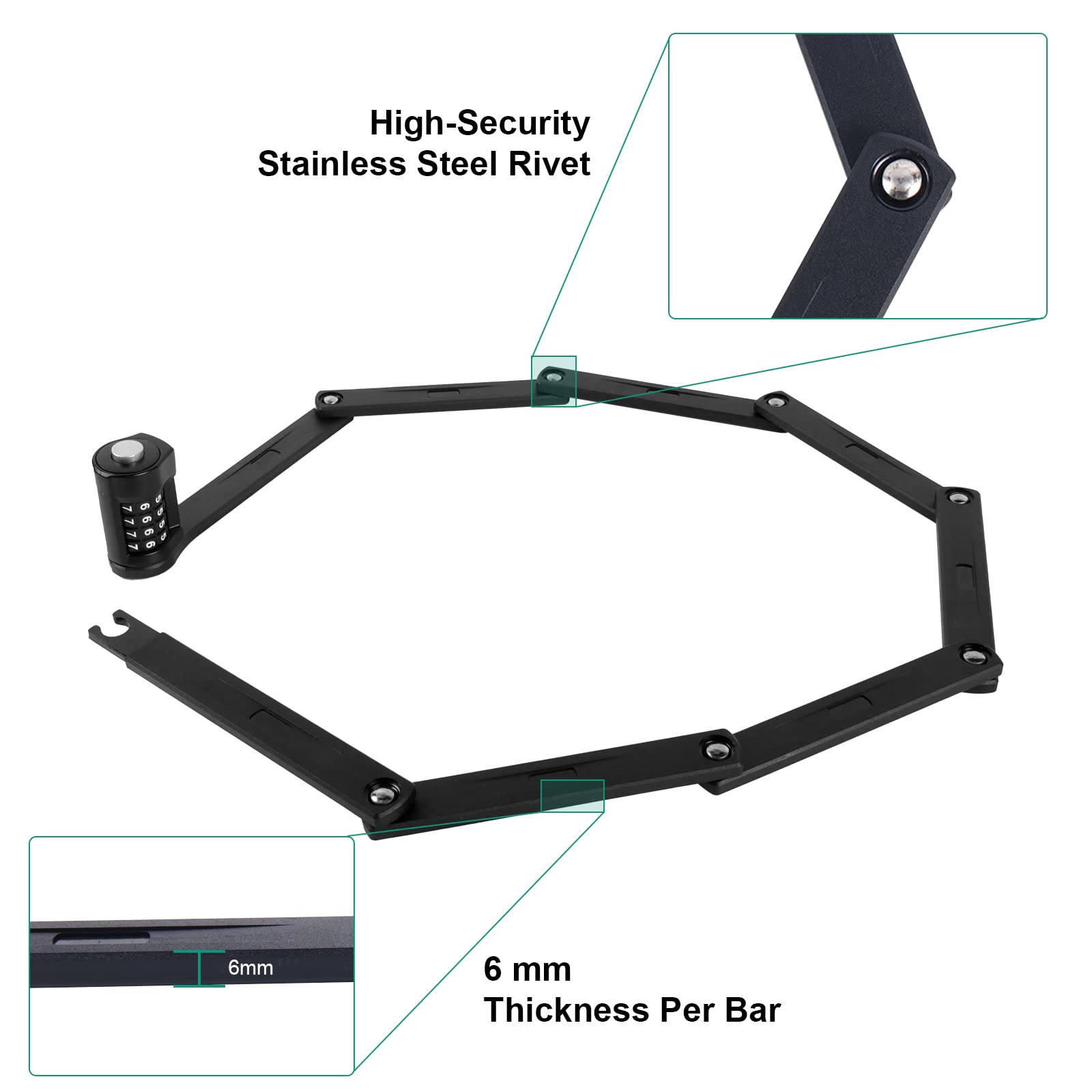 Dreamoon Folding Bike Lock, Compact 8 Joints Bicycle Lock Combination, Heavy Duty Alloy Steel Foldable Chain Lock, with 4-Digit Resettable Combination Password, for ebike Bike Scooter