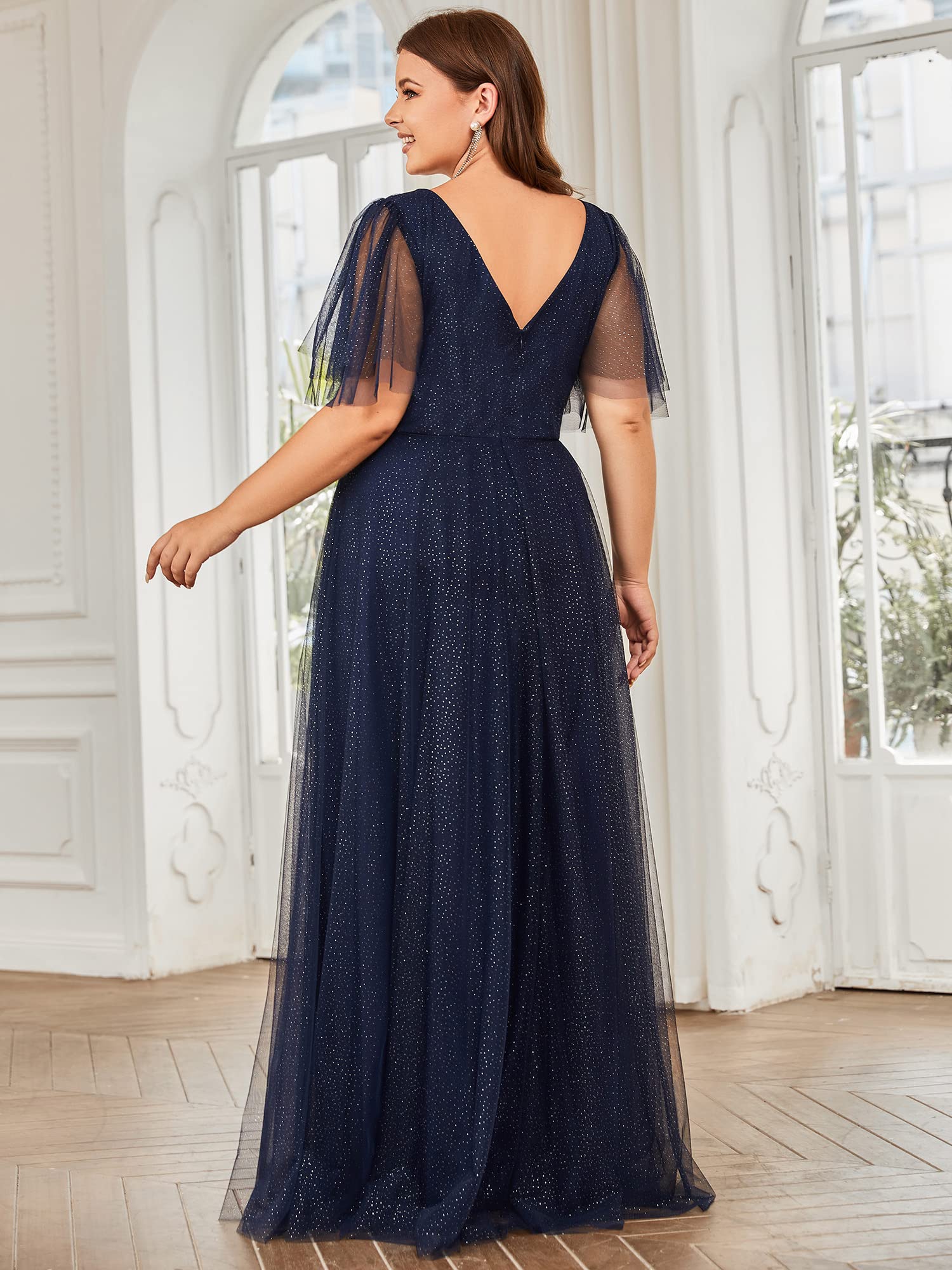 Ever-Pretty Plus Women's A Line illsuion Tulle Floor-Length Plus Size Dance Party Dress Navy US24