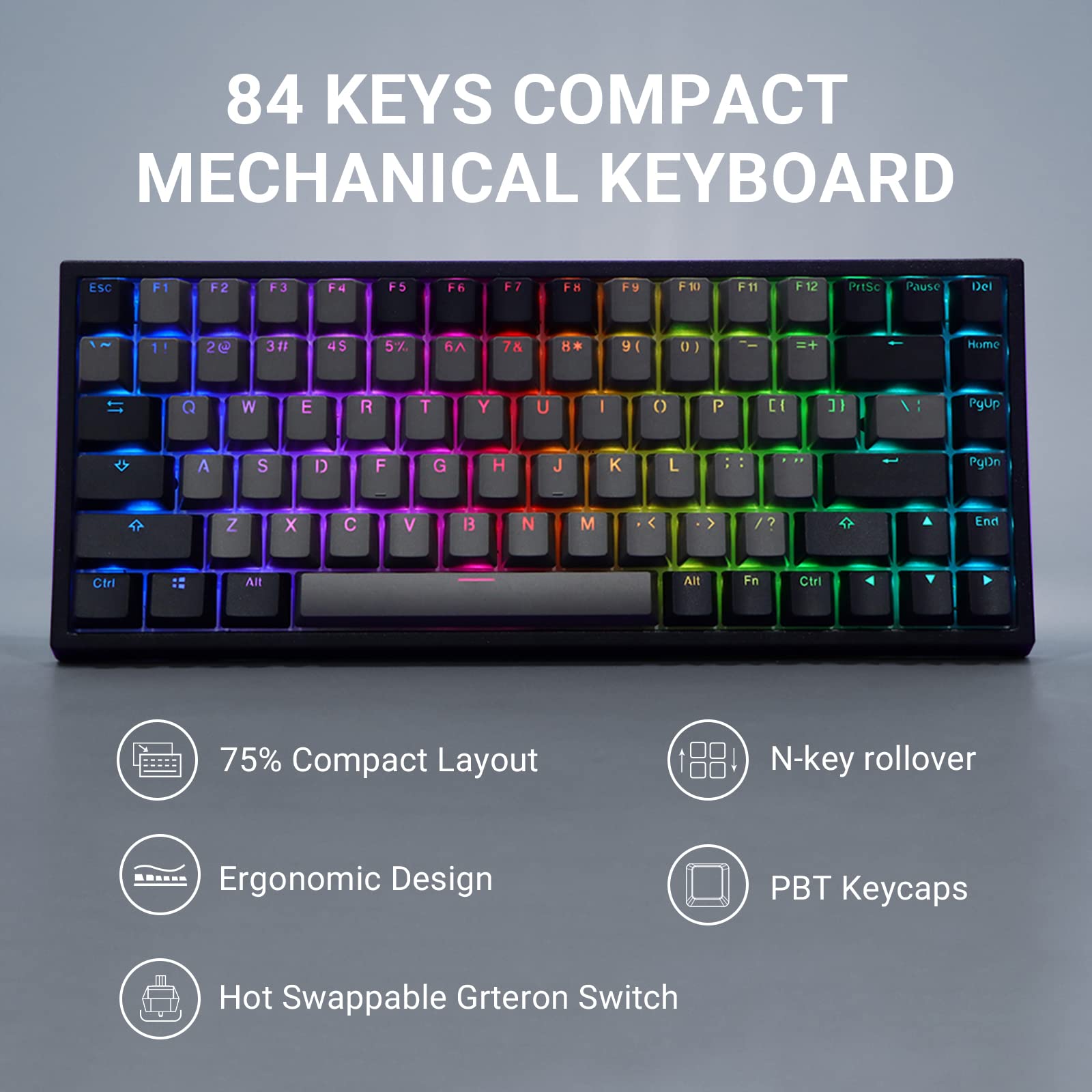 EPOMAKER EP84 84-Key RGB Hotswap Wired Mechanical Gaming Keyboard with PBT Dye-subbed Keycaps for Mac/Win/Gamers (Gateron Red Switch, Geometry Grey XDA Profile)