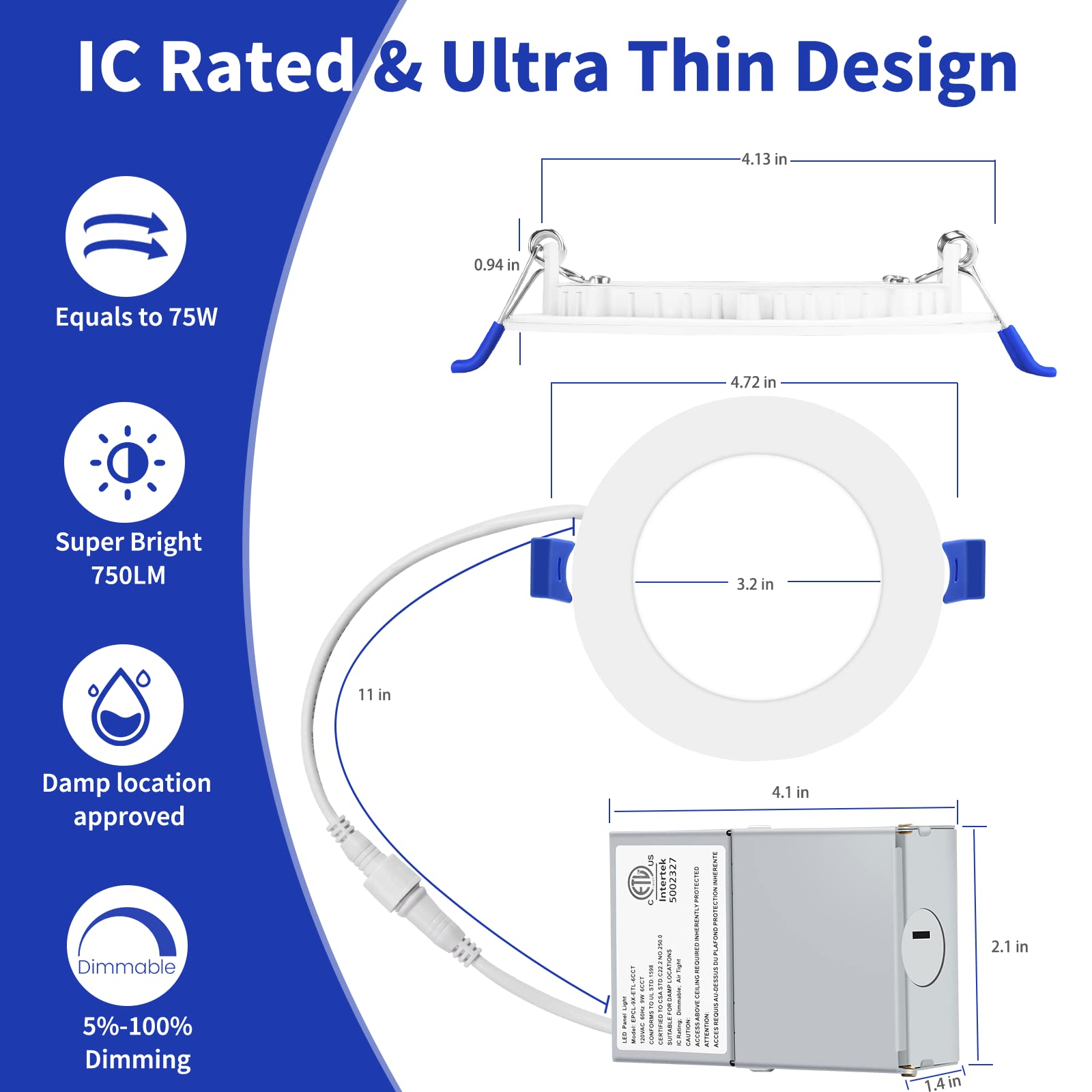 INCARLED 5CCT 1Pack LED Recessed Lighting 4 Inch, 2700K/3000K/3500K/4000K/5000K Selectable, Dimmable Canless Wafer Lights with Junction Box, 9W 750LM, ETL Energy Star Listed
