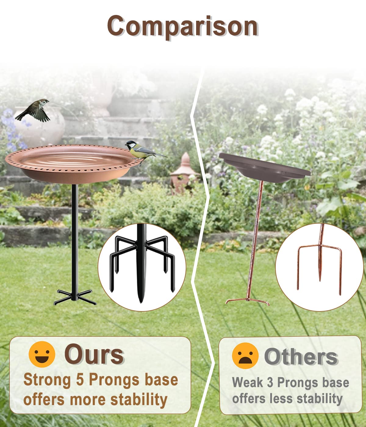 Garbuildman Upgraded 5-Prong Base Bird Bath with Metal Stake, Detachable Decoration Bowl Spa & Freestanding Birdfeeder for Outdoor Garden, Oval Style, Brown