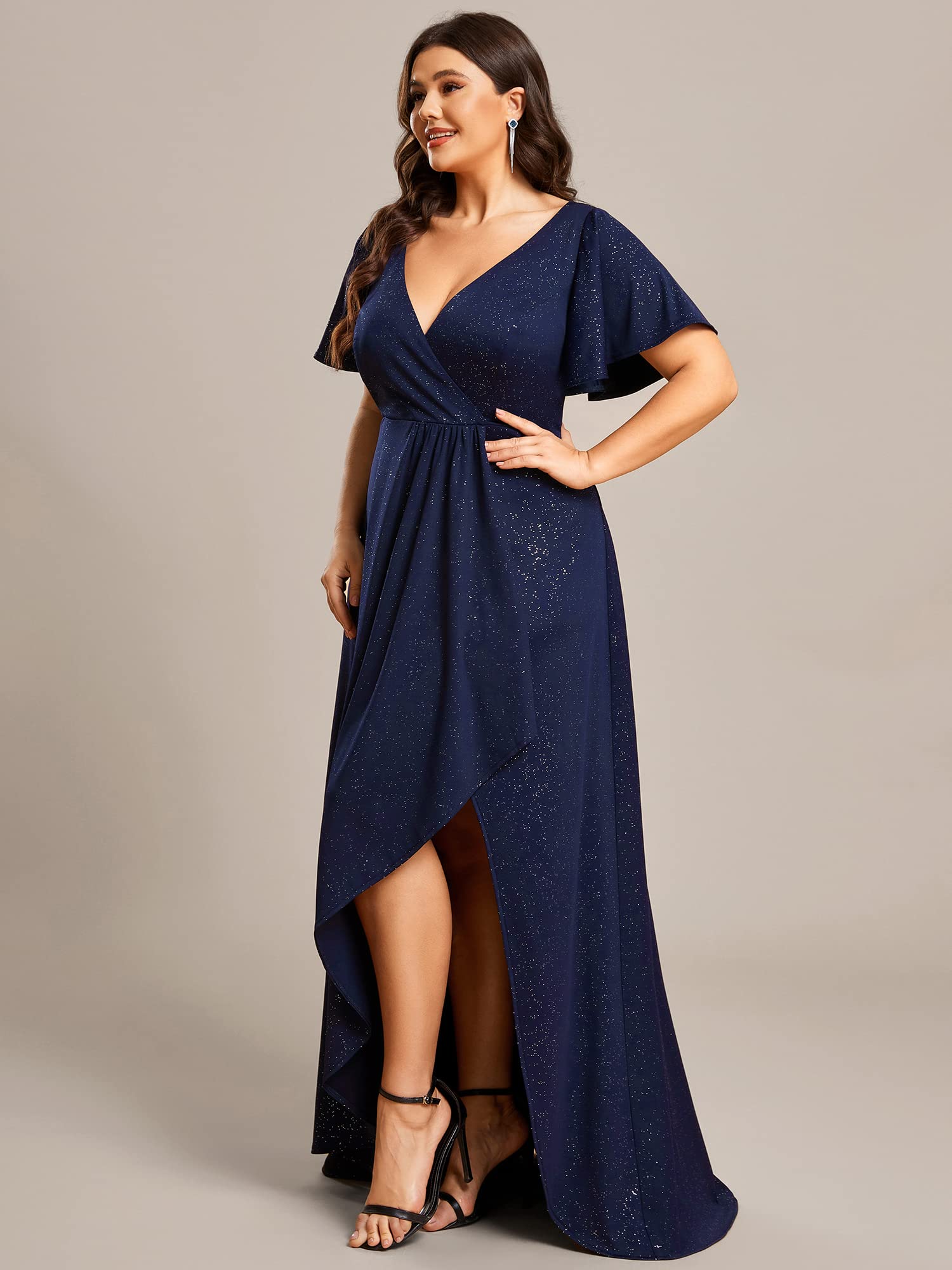 Ever-Pretty Plus Women's Plus Size Glitter A-Line Ruffle High-Low Summer Cocktail Dress with Sleeves Navy Blue US16