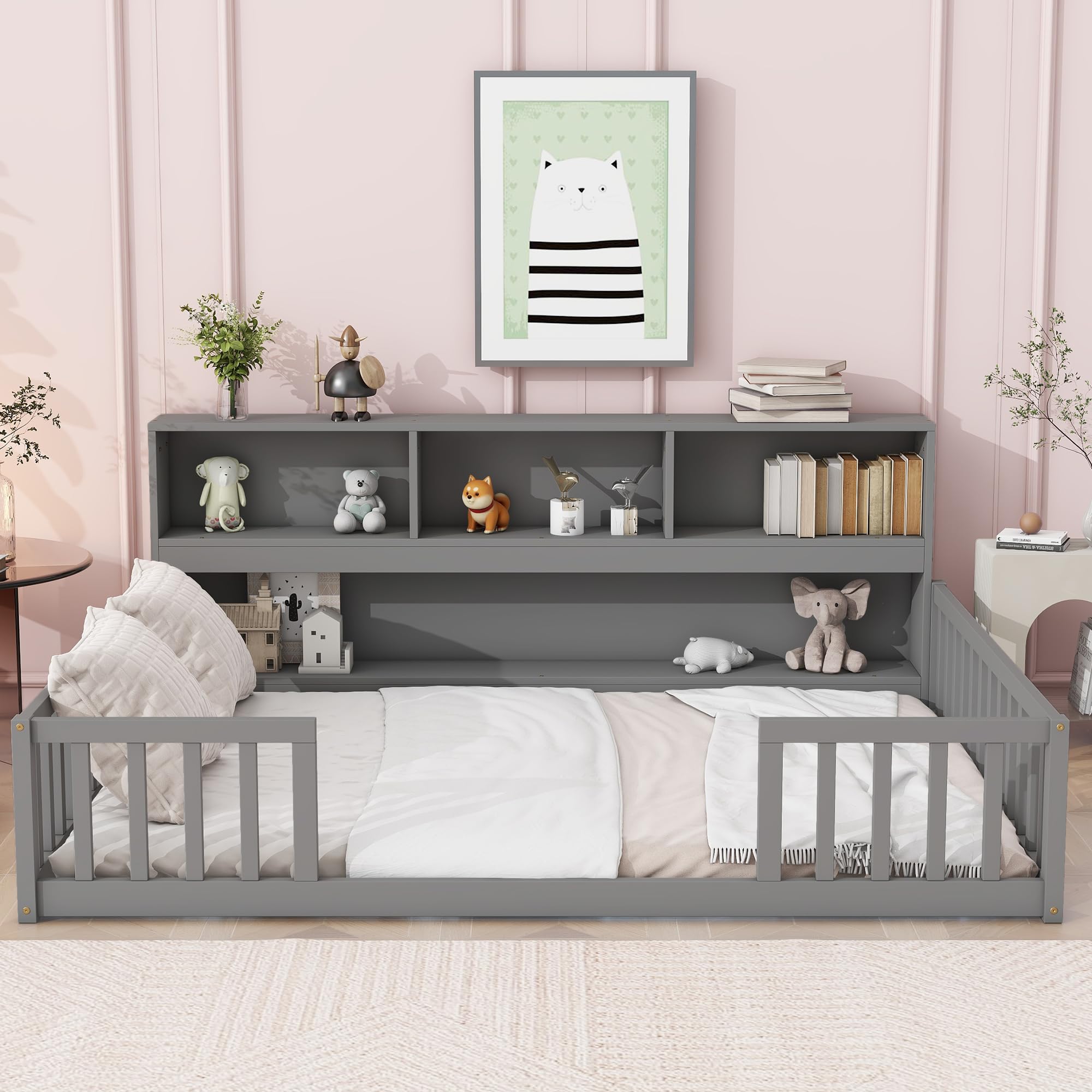 Harper & Bright Designs Full Size Floor Bed with Bedside Bookcase, Shelves, Guardrails, Wood Montessori Bed with Storage, Grey