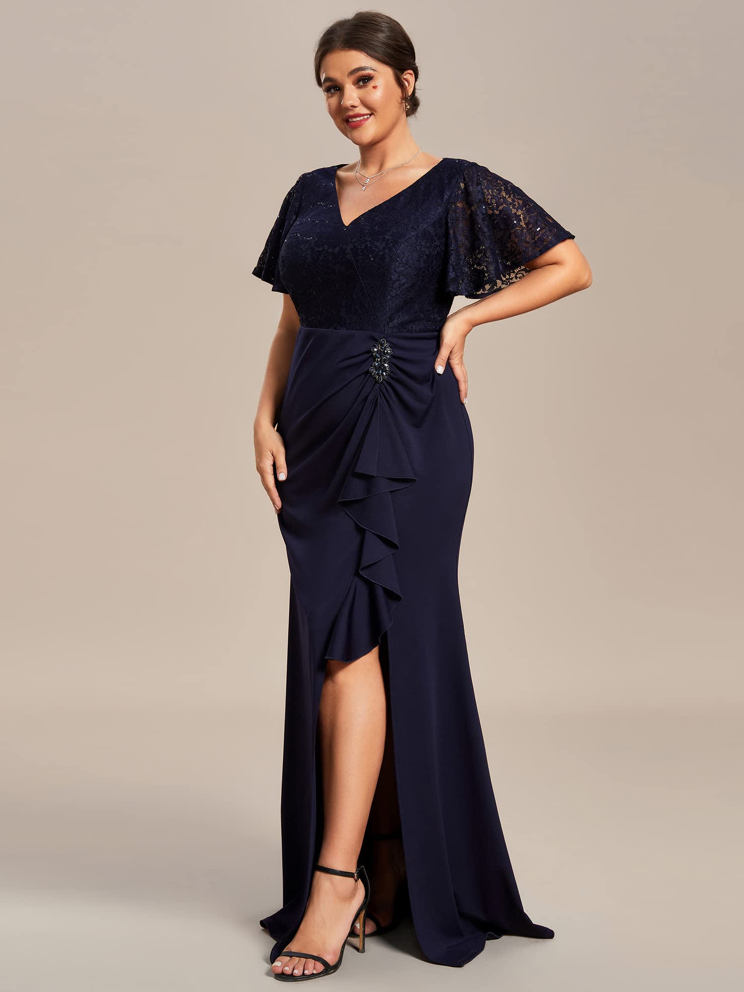 Ever-Pretty Plus Women's Plus Size Lace Top Lotus Leaf Hemline Bodycon Maxi Mother of The Groom Dresses Navy Blue US24
