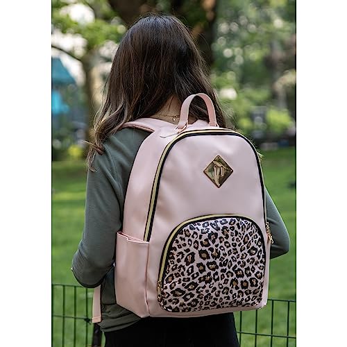 Emma & Chloe Pastel Pink Leopard Waterproof Vinyl Backpack for Commuting, Traveling (Pink Leopard)
