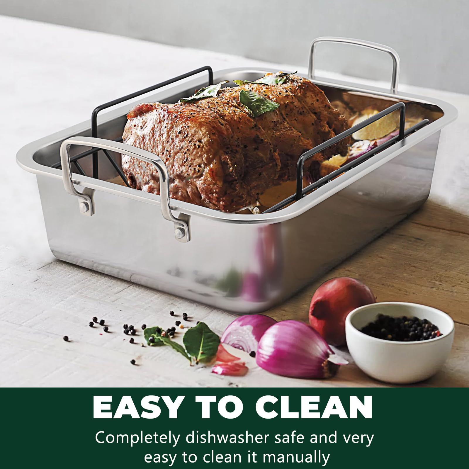 Hillbond Stainless Steel Roasting Pan with Rack 16 Inch Turkey Roaster Pan with U-Shaped Rack Flat Rack Turkey Lifting Forks for Turkey, Chicken, Vegetables Set of 5