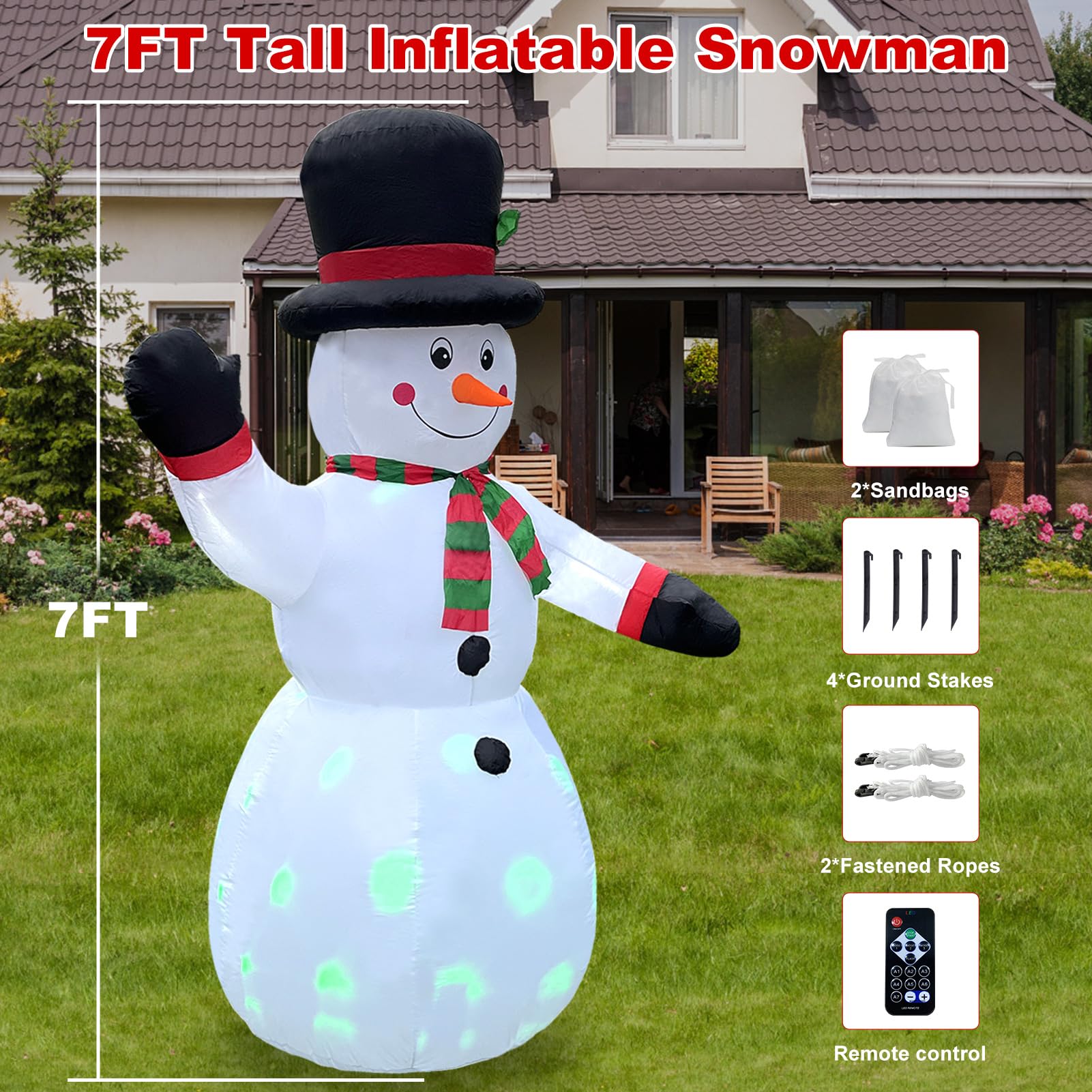 Cootway 7FT Inflatable Snowman with w/Remote Control & Rotating Lights, Christmas Inflatables Outdoor Decorations, Quick Air Inflated & Tethers Stakes Blow ups Snowman Yard Decorations for Lawn Party