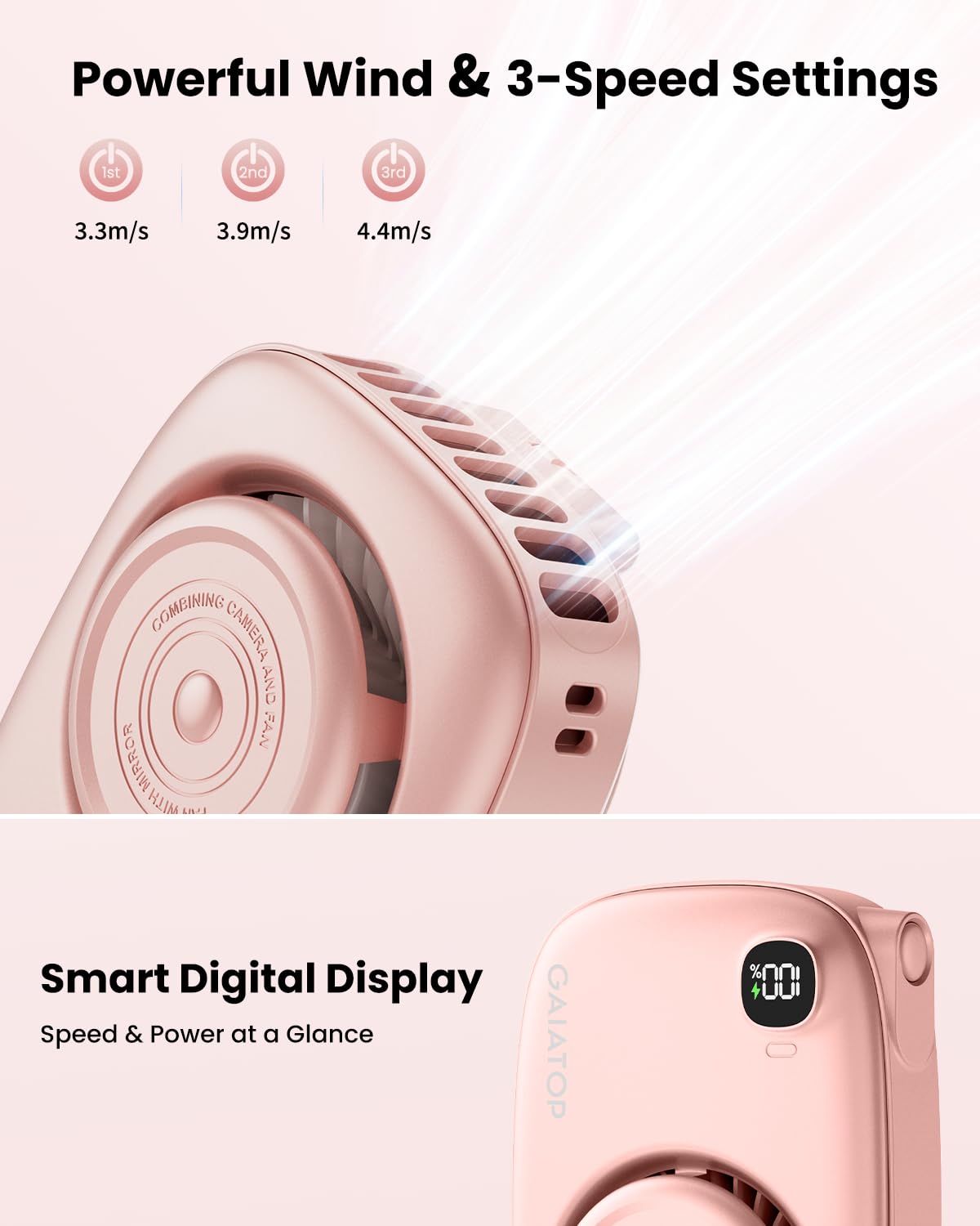 Gaiatop Neck Fan Rechargeable Mini Portable Fan Cute Camera Design, Small Desk Fan with 360°Rotate Mirror, 3 Speed USB Handheld Fan with LED Display, Cooling Personal Lash Fan Travel Essentials Pink
