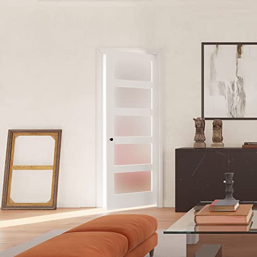 SOLRIG 30" x 80" French Interior Door - 5 Lites Tempered Frosted Glass Pantry Door Panels, Closet & Bathroom Single Door Slab, White Primed, MDF - Panel Need to Assembly