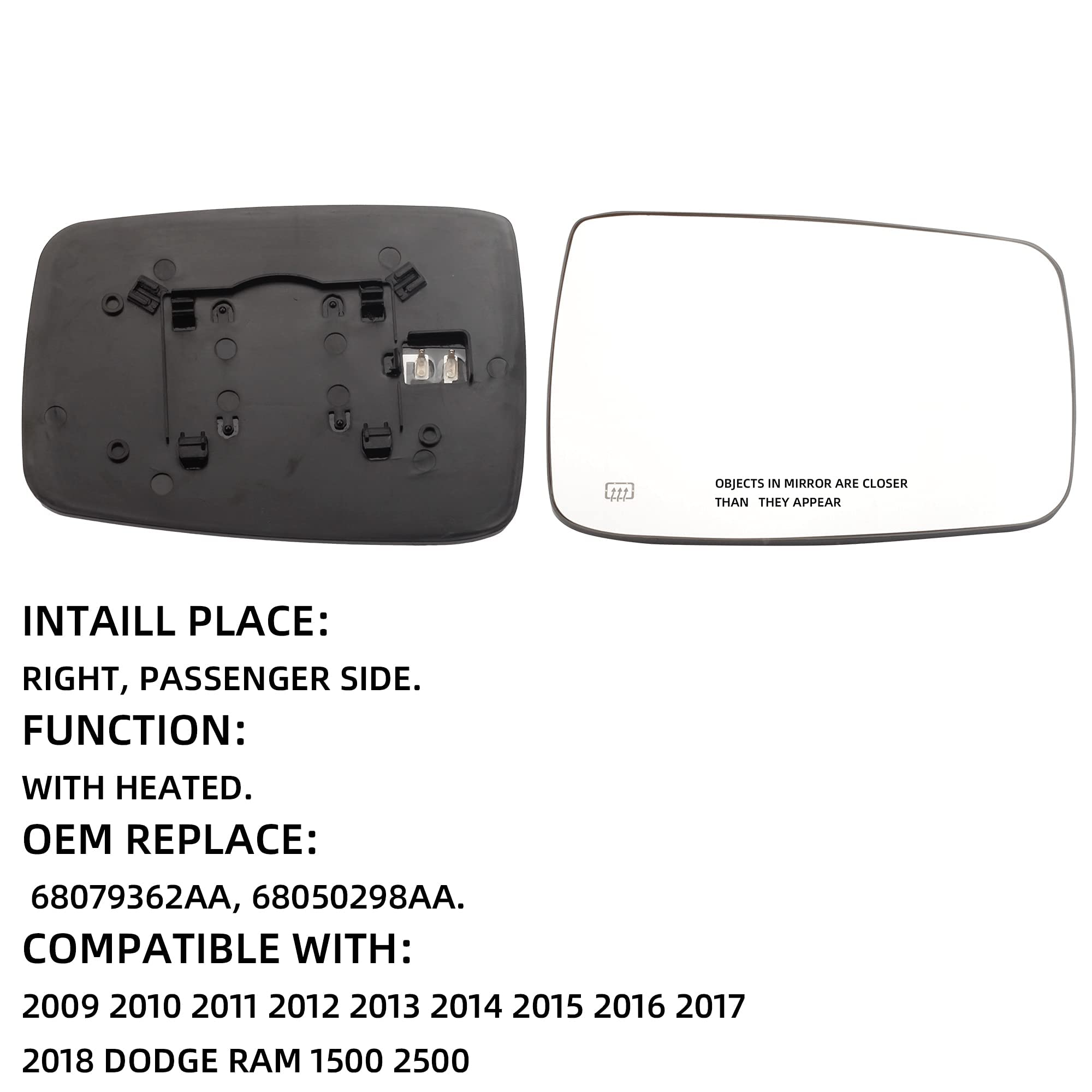 Dasbecan 68050299AA Left Driver Side Heated Mirror Glass Compatible with 2009-2018 Dodge Ram 1500 2500 Glass Replaces 68079363AA Side Mirror With Backing Plate