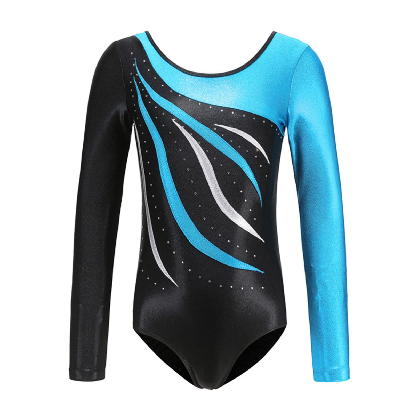 easyforever Girls Sparkle Waves Gymnastics Leotard Long Sleeve Metallic Athletic Ballet Dance Jumpsuit Unitard Bodysuit Light Blue 8-9 Years