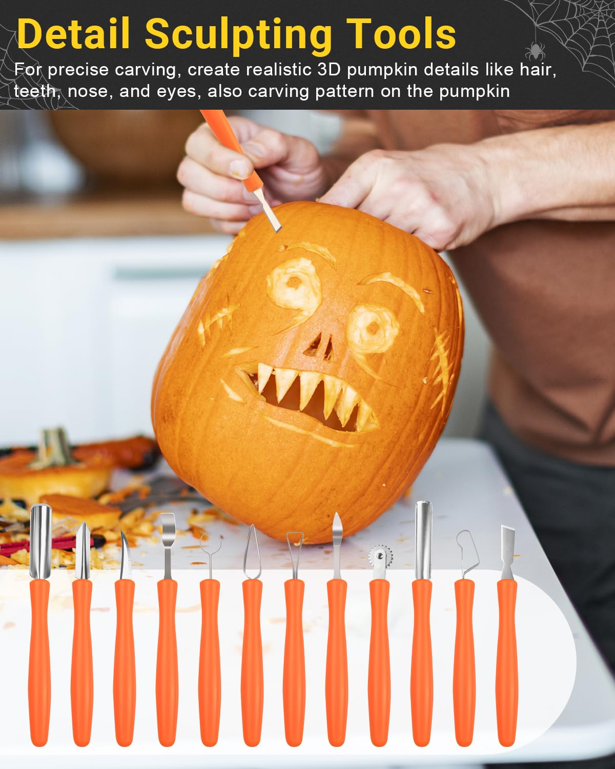 Luditek Pumpkin Carving Kit, 17 PCS Professional Stainless Steel Pumpkin Carving Tools with 4 Electronic Candles Lights and 10 Stencils, Halloween Gifts Jack-O-Lanterns Cutting for Adults Kids