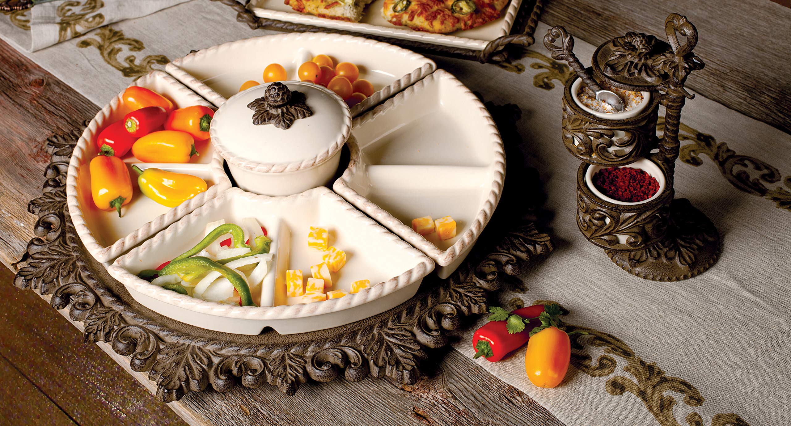 Gerson Cream Ceramic Lazy Susan Crudite With Acanthus Leaf Metal Base