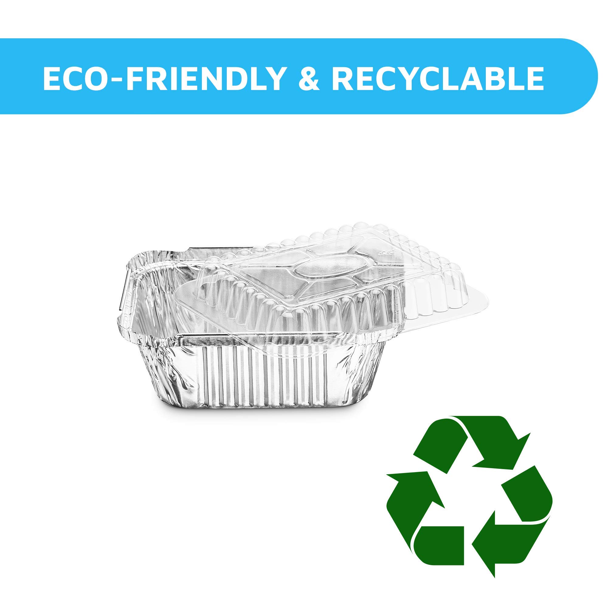 MontoPack Disposable Takeout Pans with Clear Lids | 1lb Capacity Aluminum Foil Food Drip Containers with Strong Seal for Freshness & Spill Resistance | Earth, Eco-Friendly & Recyclable 100Pack 5x4”
