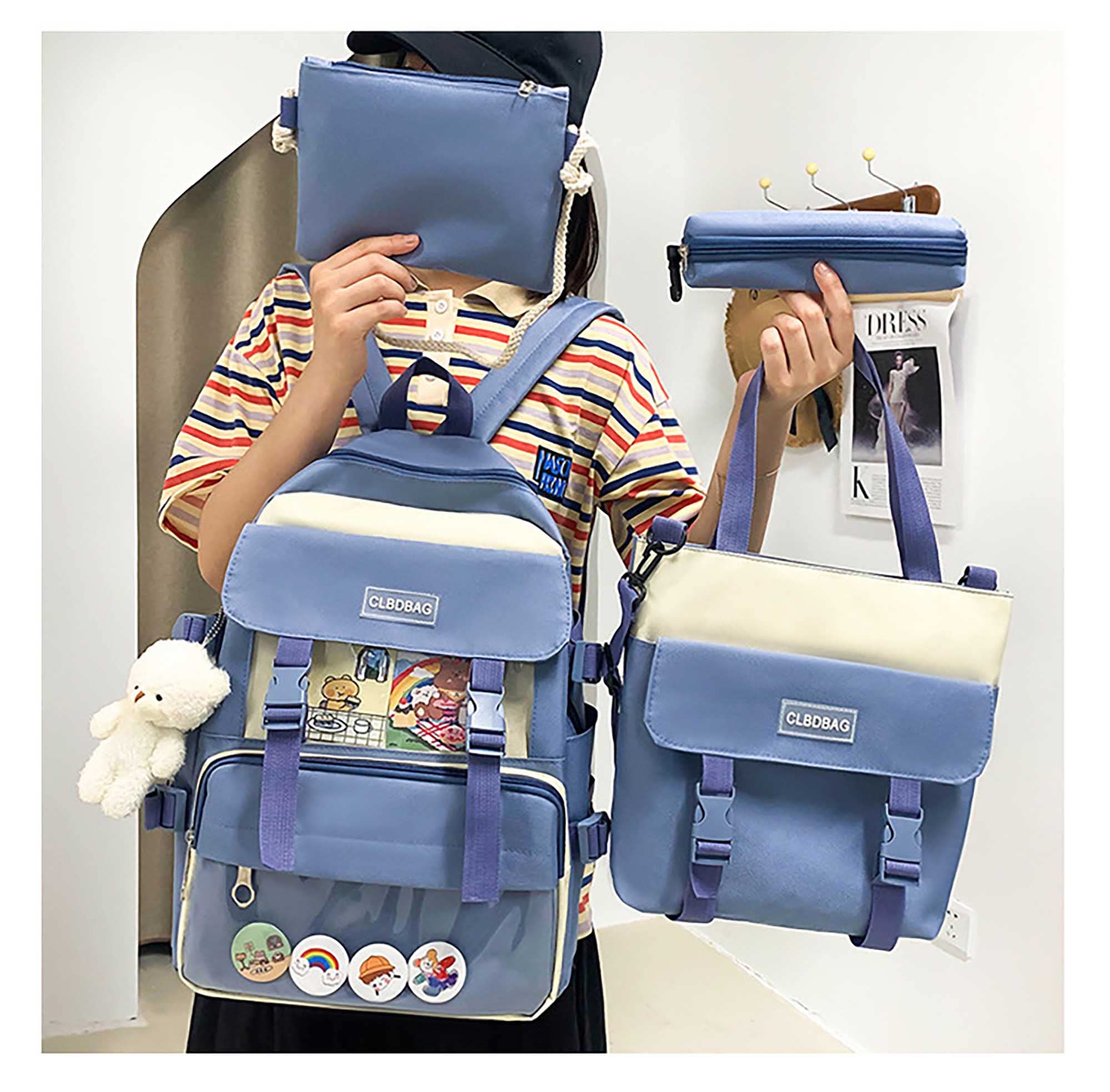 Cute Kawaii Backpack 4Pcs Canvas Backpack Give away bear pendant Pencil Pouch Shoulder Bag Lunch Bag for Girls Boys (Red)
